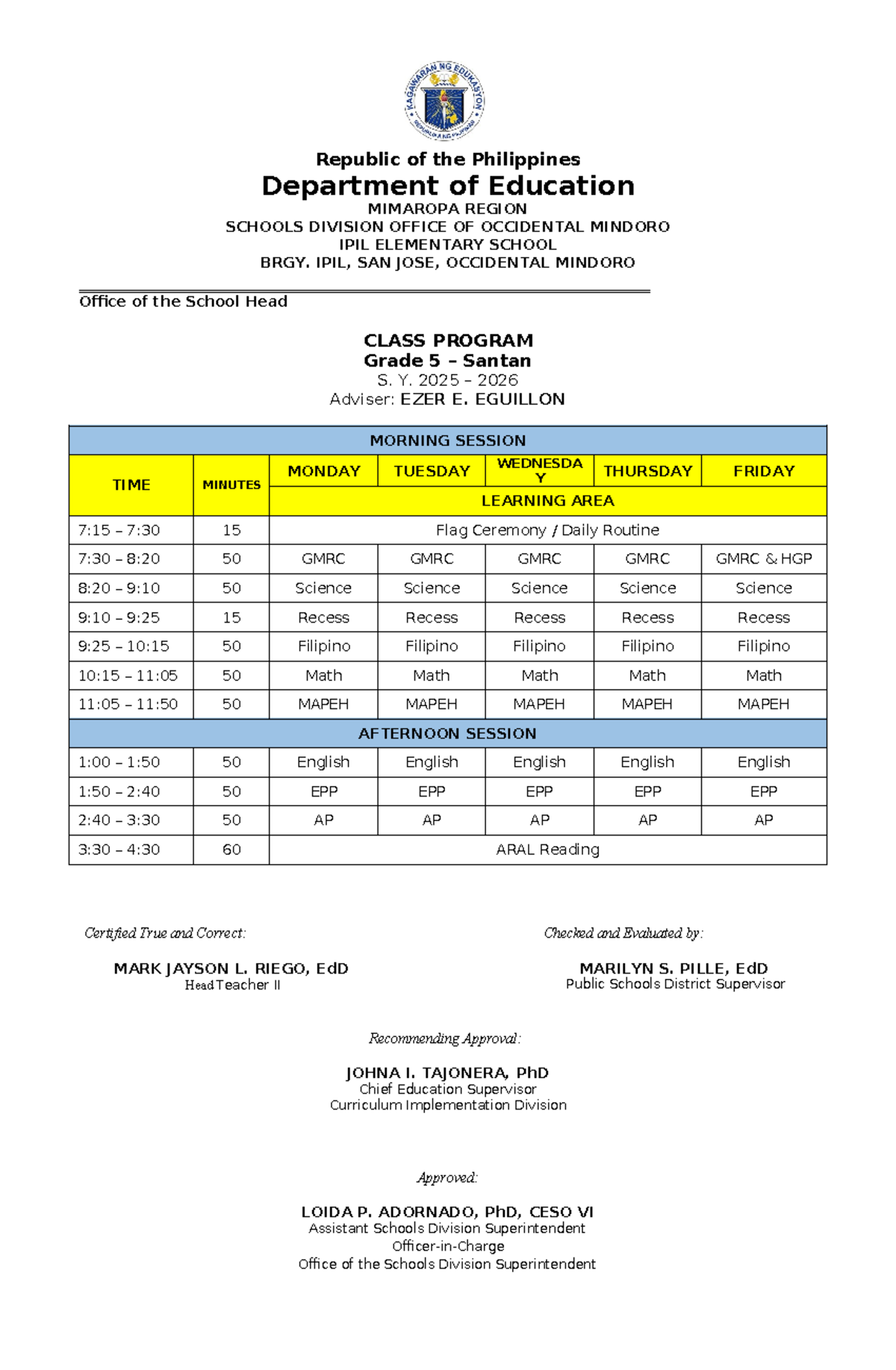 G5 Class Program 2025-26: Ipil Elementary School Schedule - Studocu