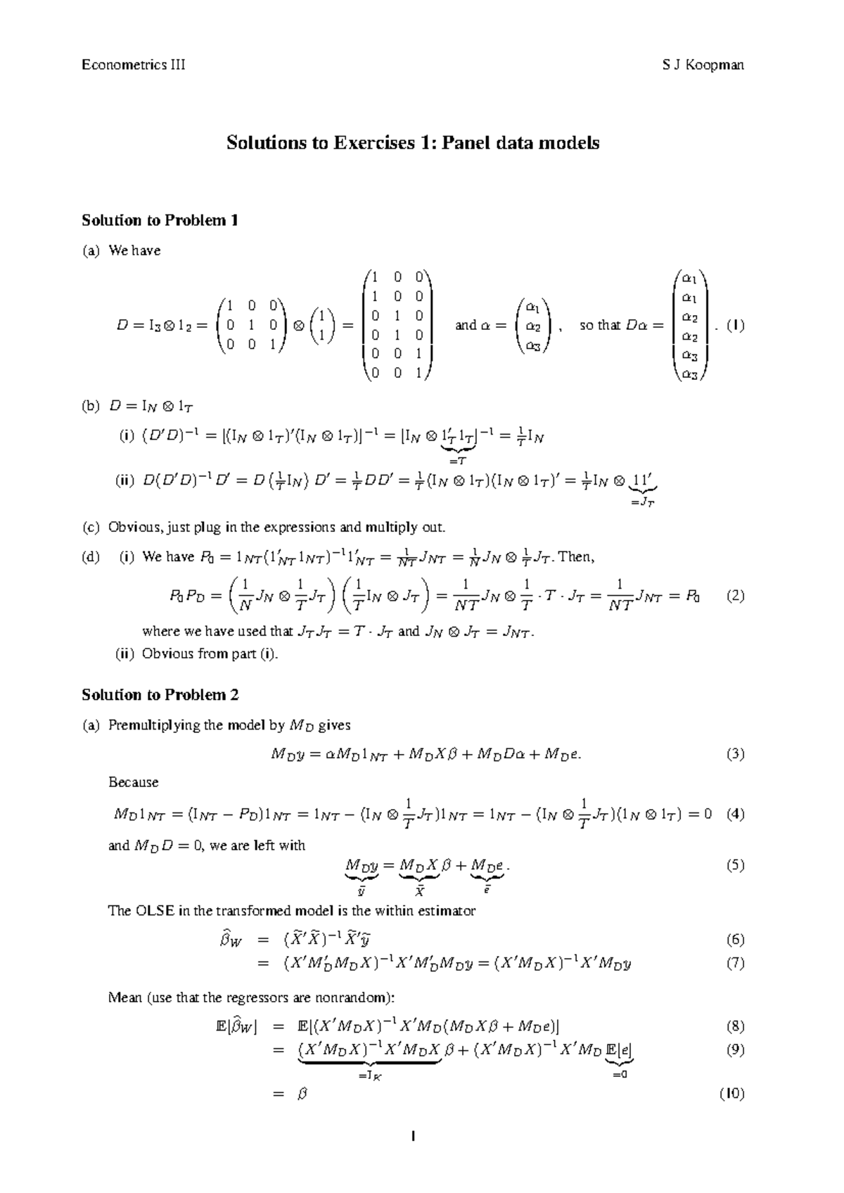 Econometrics III (S J Koopman) - Week 2 Panel Data Solutions - Studeersnel