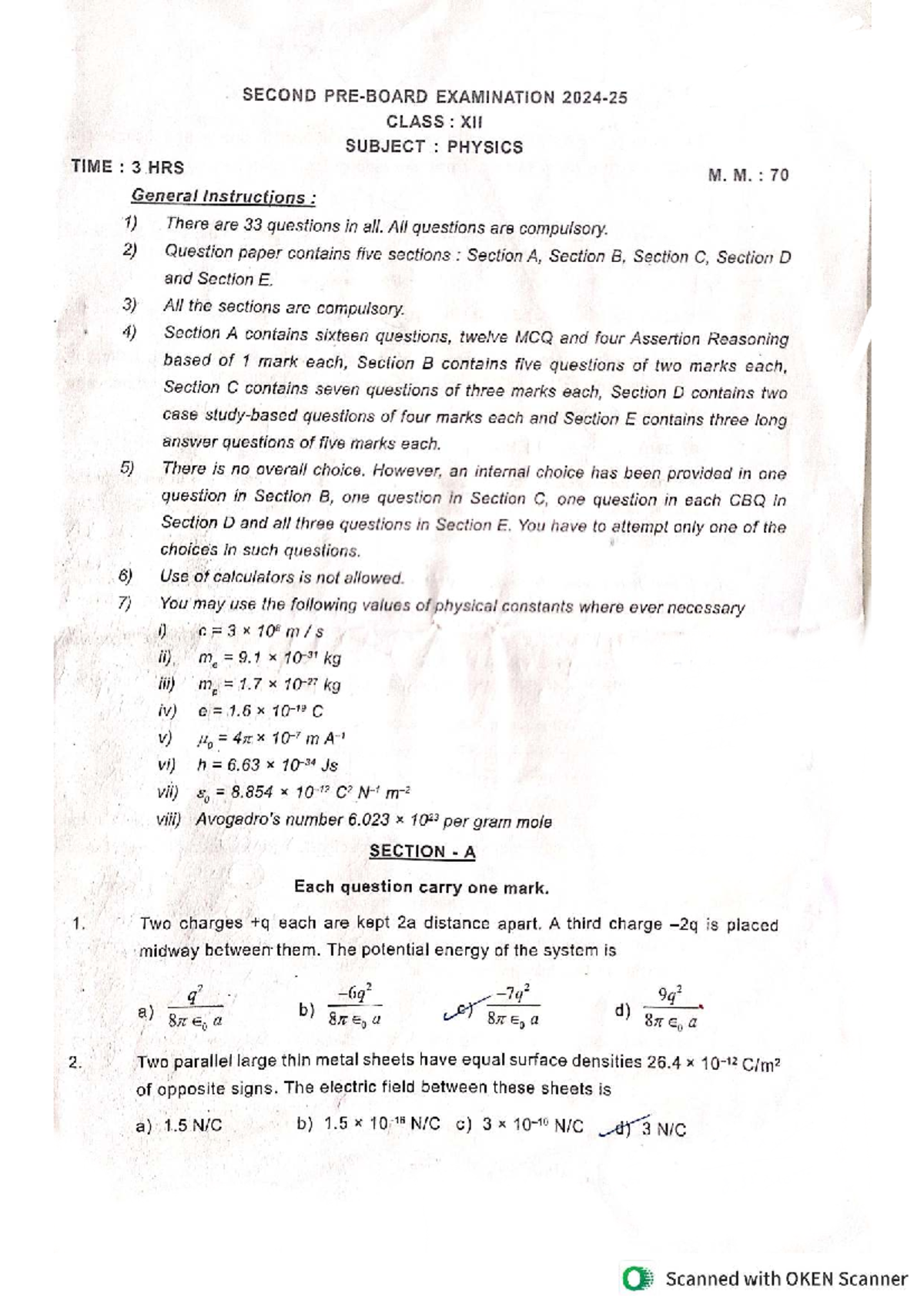 Physics Pre-Board 2 Class XII Examination Paper - Studocu