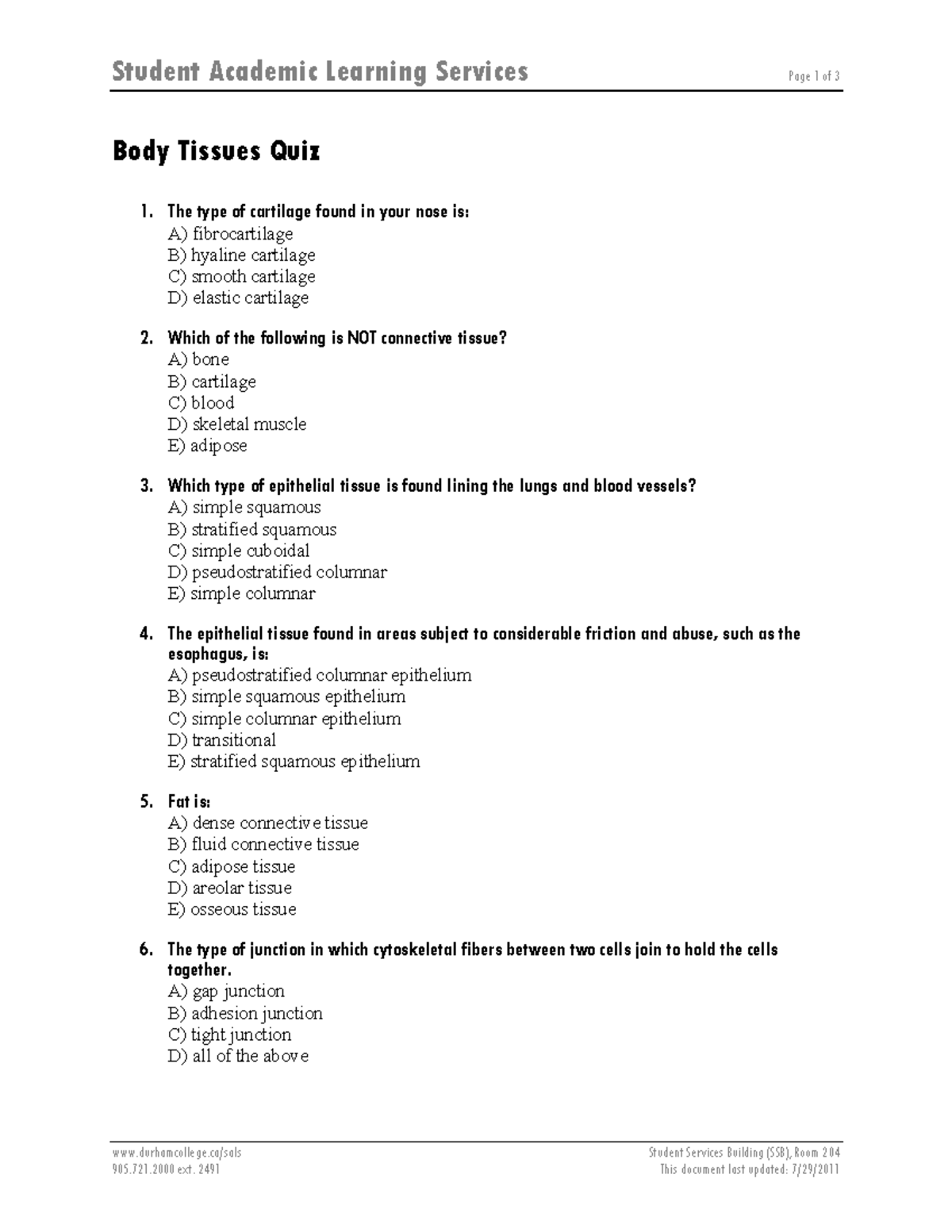 Body Tissues Quiz 1 - Student Academic Learning Services - Studocu