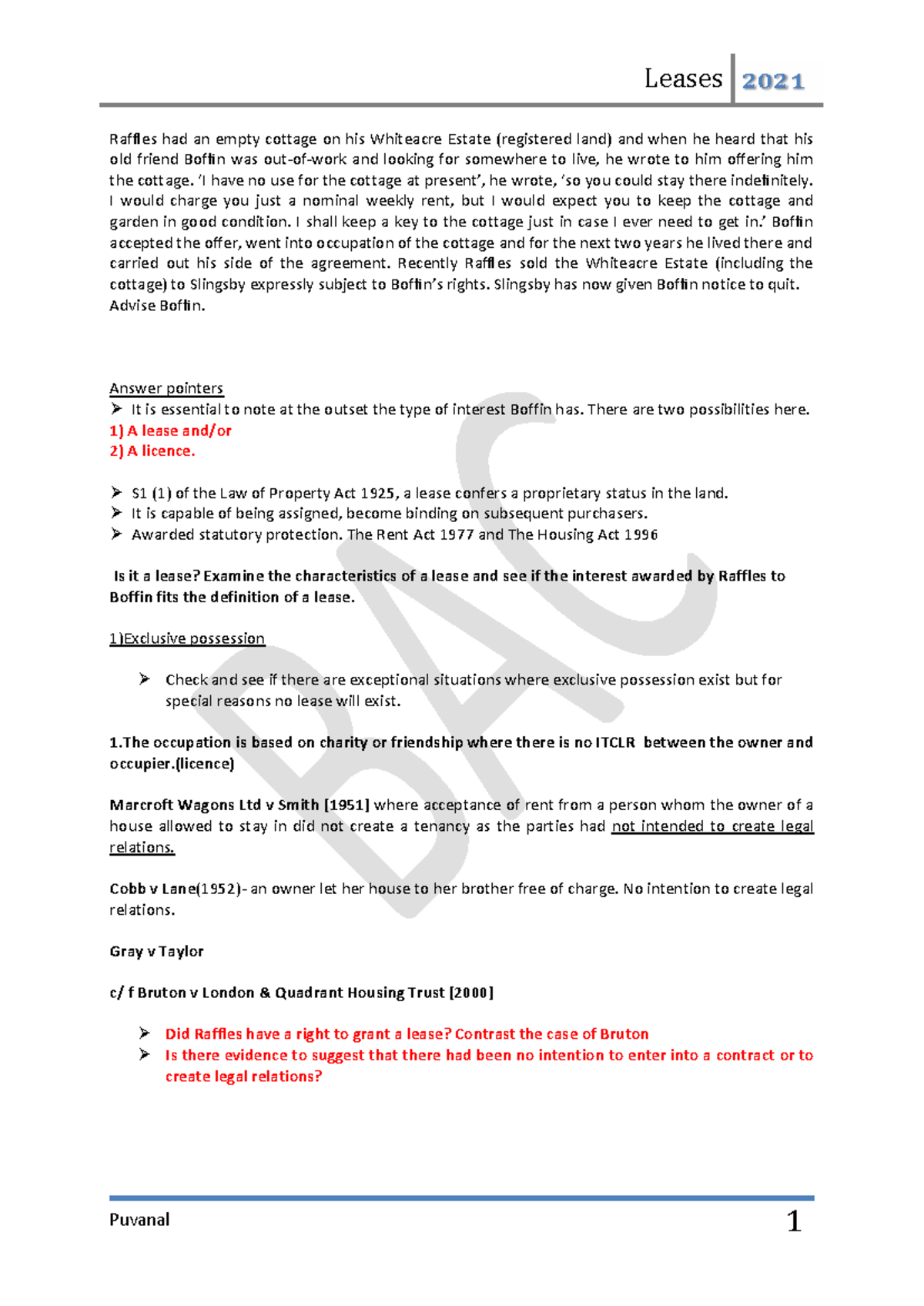 Leases - Tutorial 1: Legal Analysis of Boffin's Tenancy Rights - Studocu