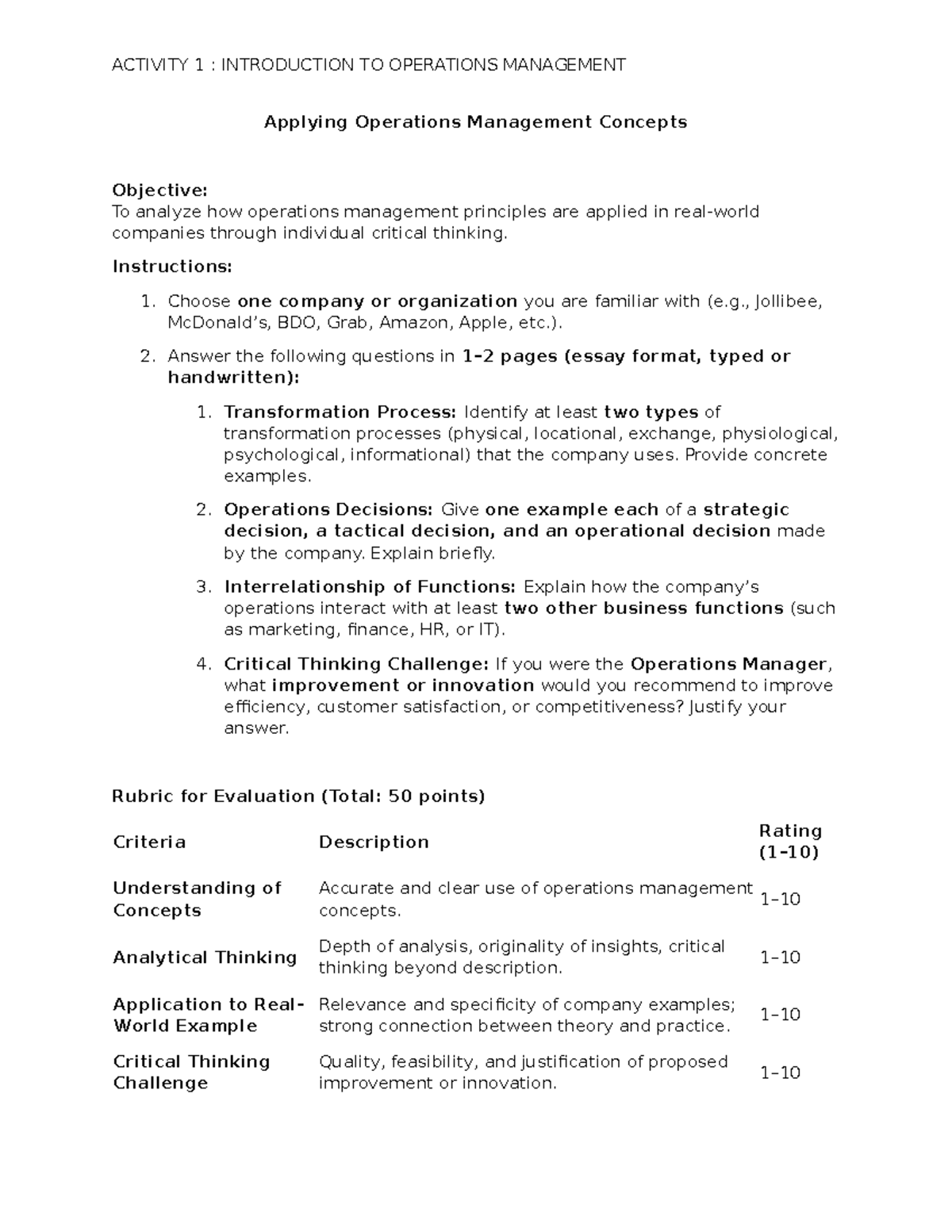 ACTIVITY 1: LECTURE ON OPERATIONS MANAGEMENT CONCEPTS - Studocu