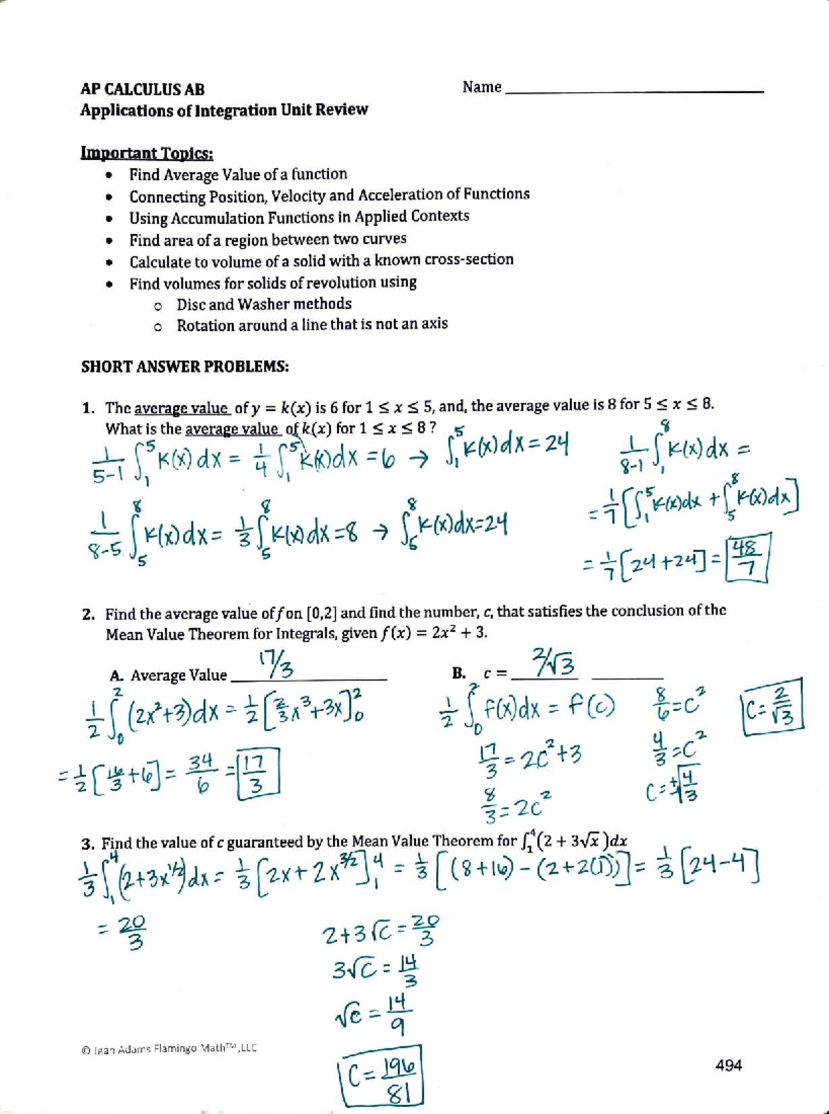 AP CALCULUS AB Unit 8 Review Key: Applications of Integration - Studocu