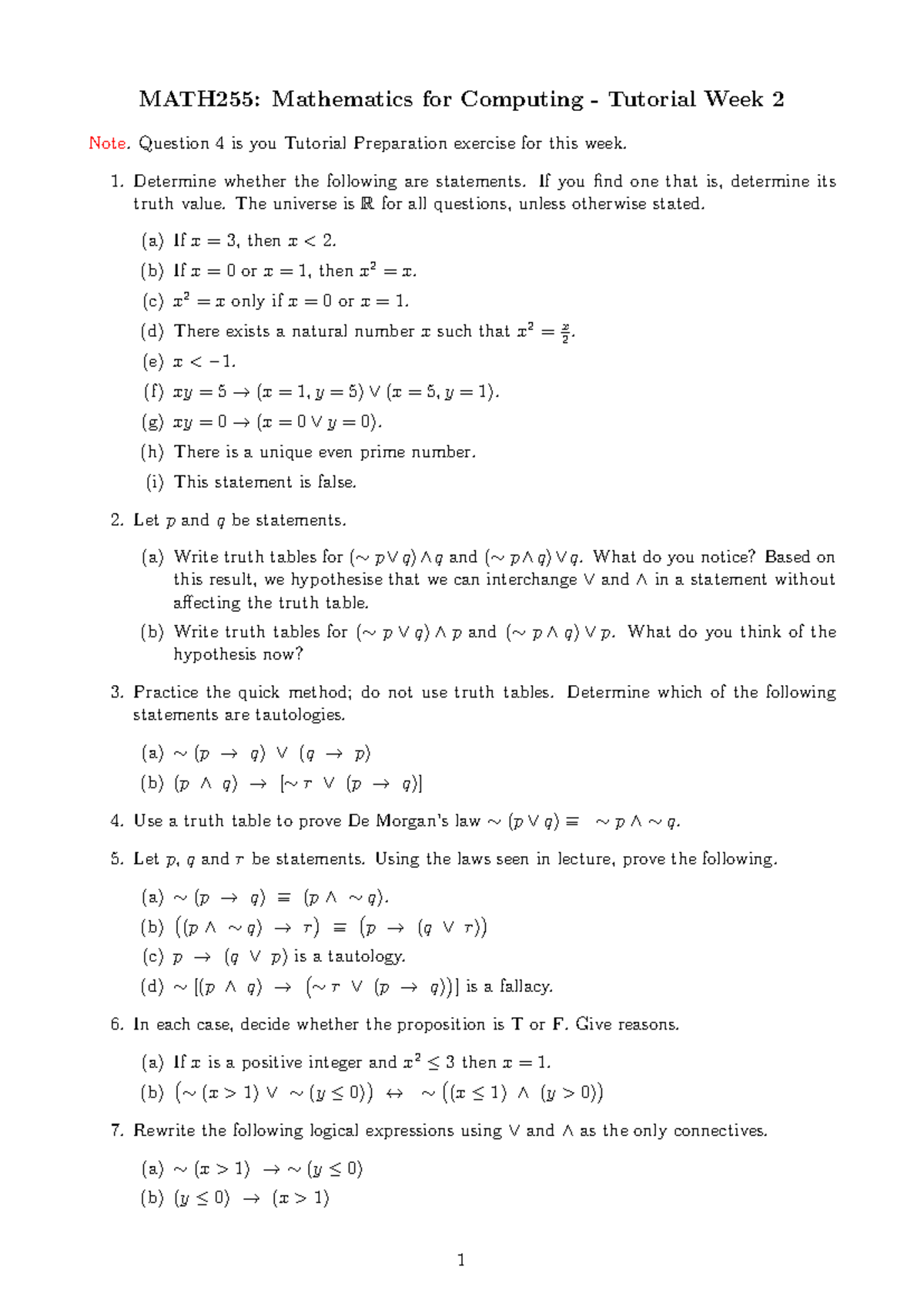MATH255: Week 2 Tutorial Notes on Statements and Truth Tables - Studocu