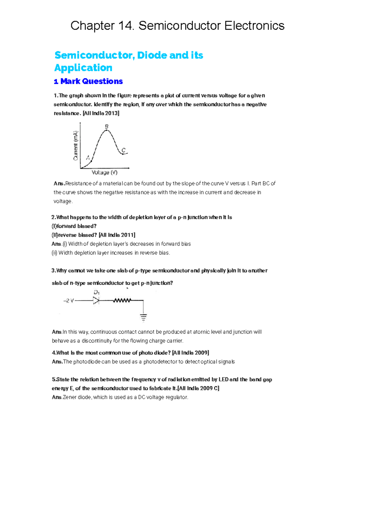 Chapter 14: Semiconductor Electronics - Diodes & Applications (1 Mark ...