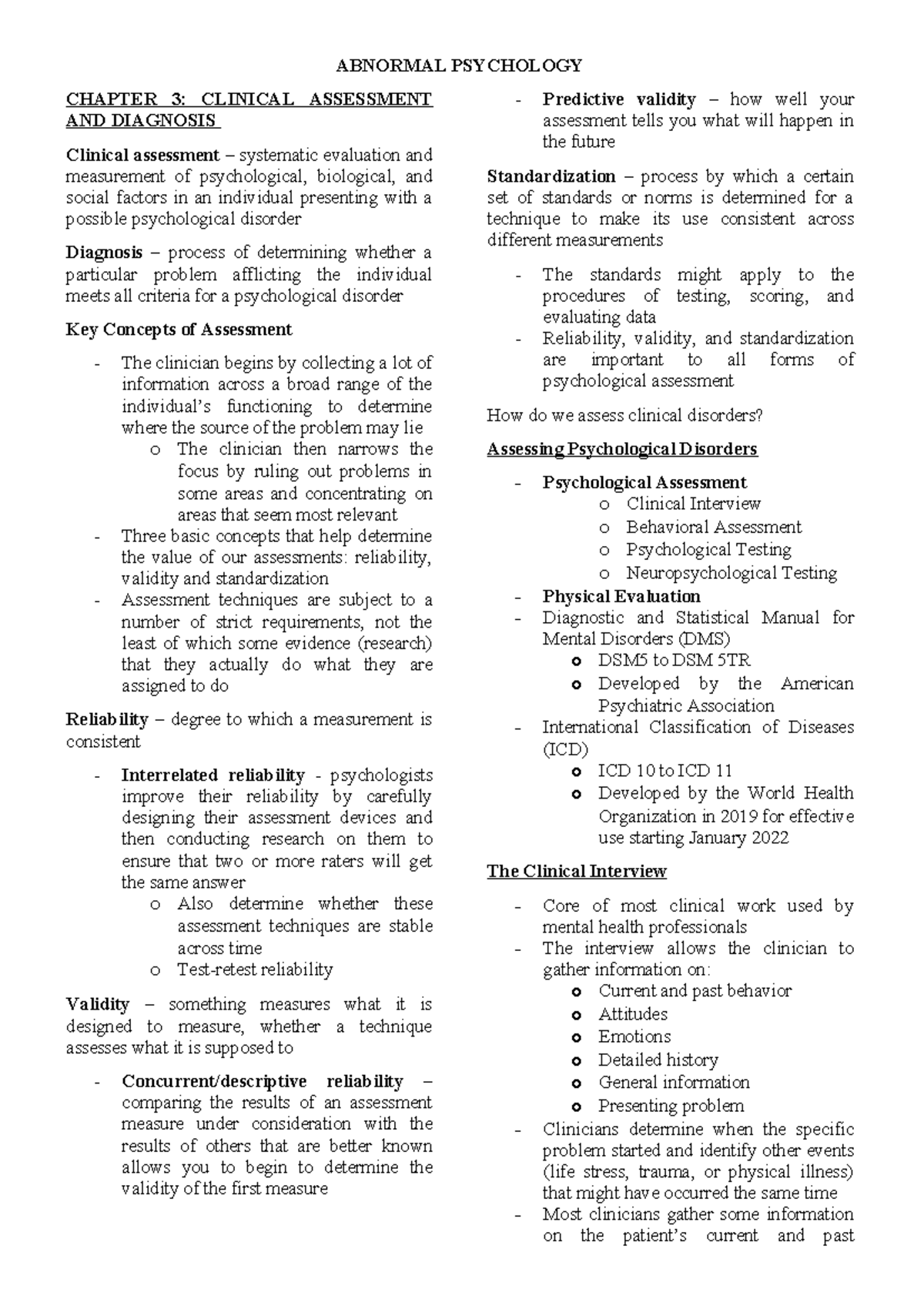 ABNORMAL PSYCHOLOGY CHAPTER 3 & 4: ASSESSMENT & RESEARCH METHODS - Studocu