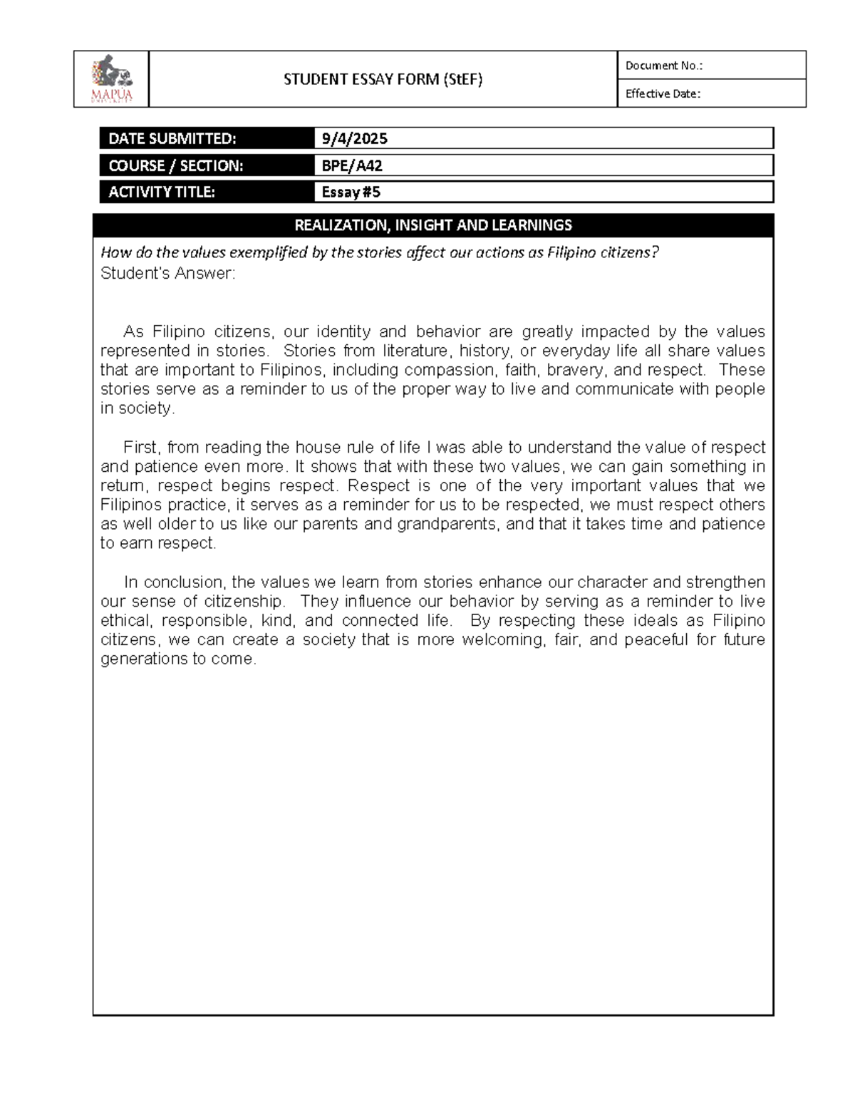 NSTP001-A42 Essay: Realization, Insight, and Learnings on Values - Studocu