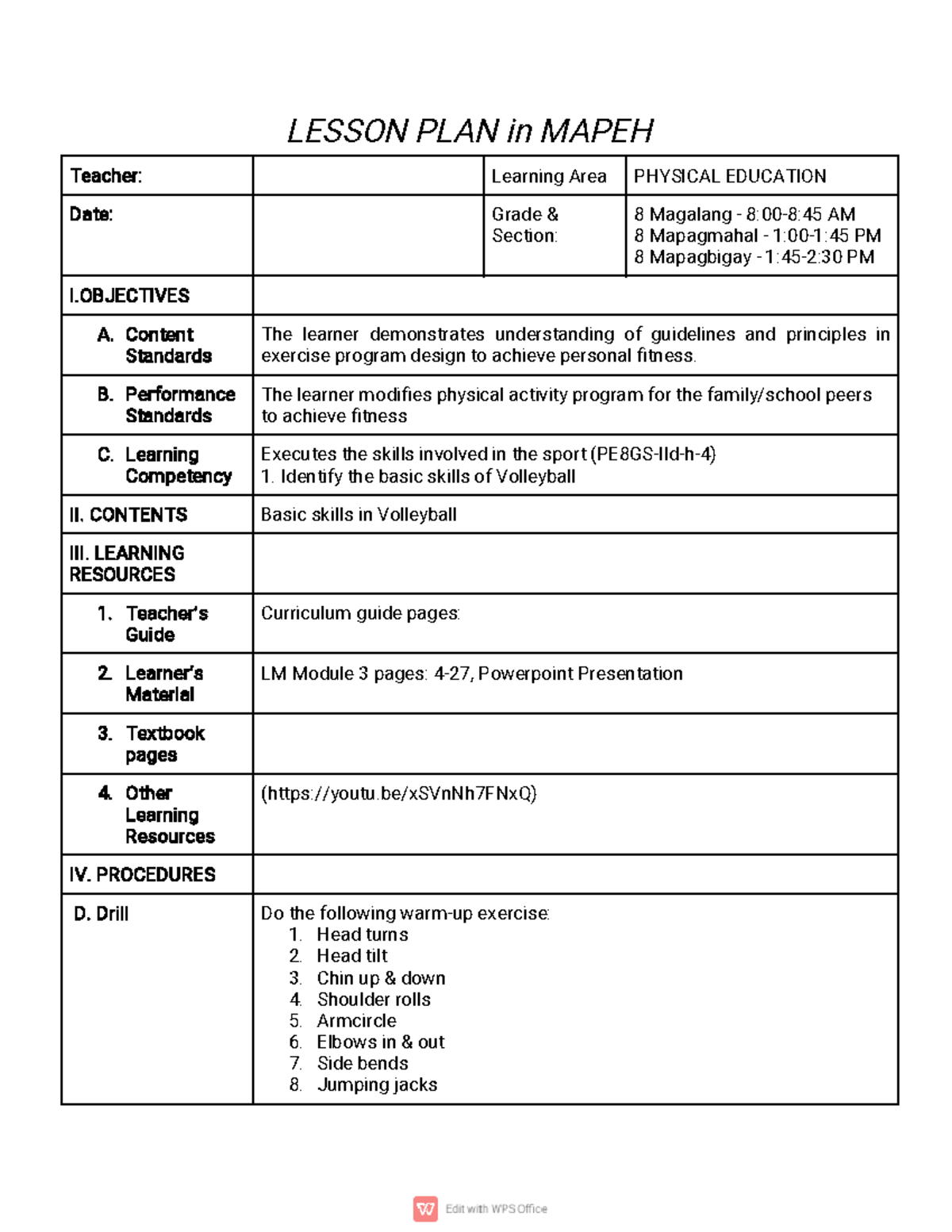 Grade 8 PE Lesson Plan: Basic Volleyball Skills (PE8GS-IId-h-4) - Studocu