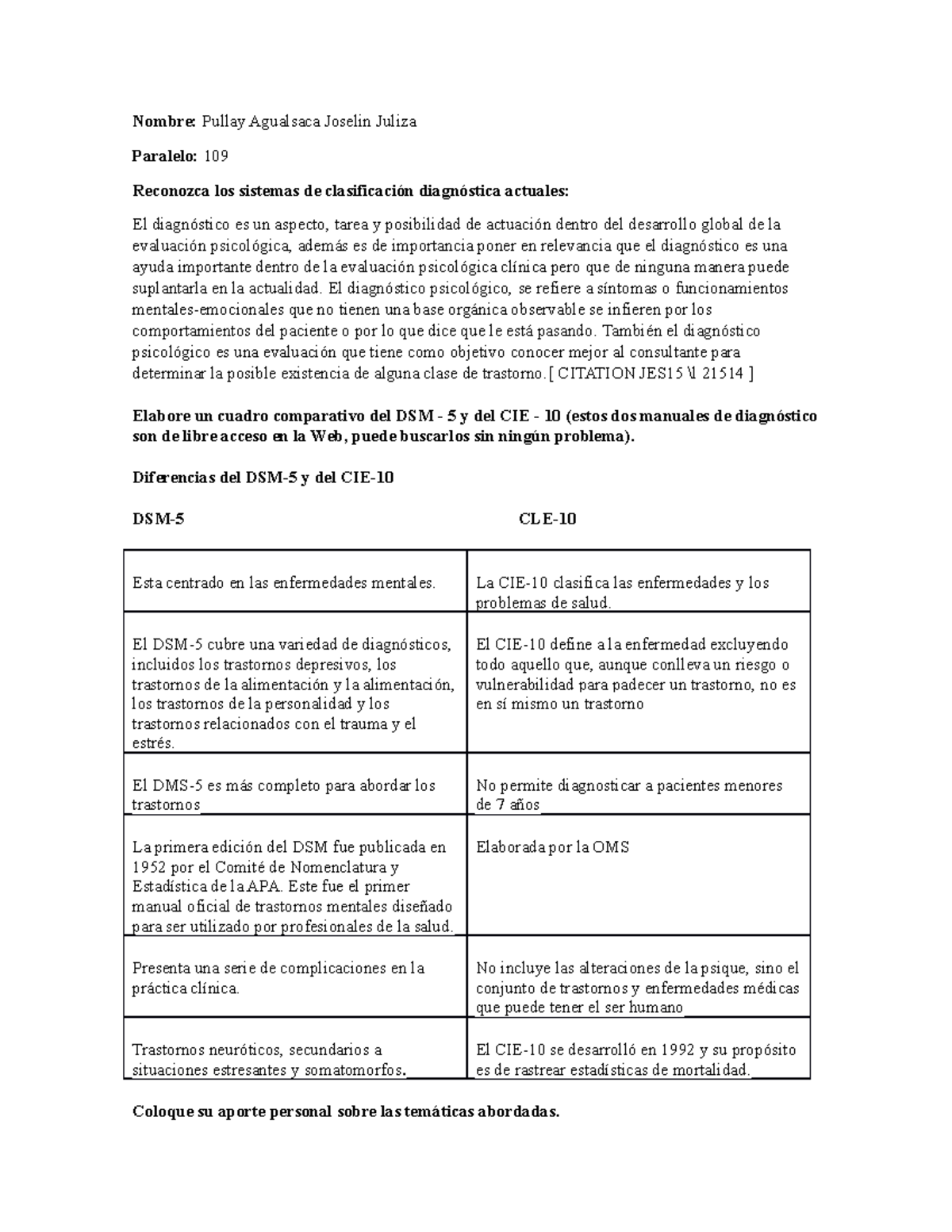 Diferencias del DSM-5 y del CIE-10 - Nombre: Pullay Agualsaca Joselin Juliza Paralelo: 109 ...