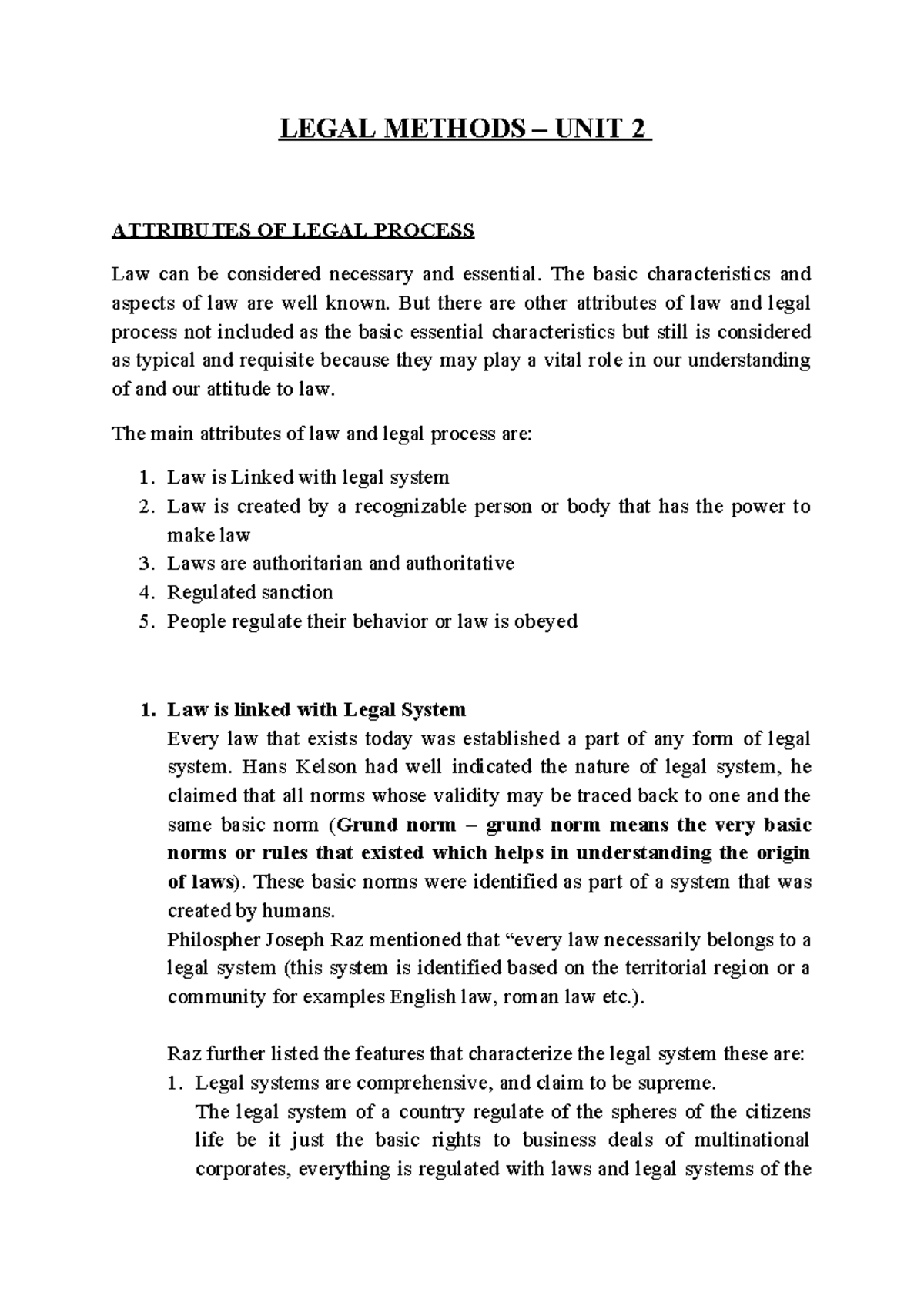 Legal Methods UNIT 2 - Attributes of Law and Legal Process Explained ...