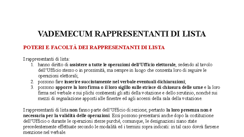 Vademecum Rappresentanti di Lista: Diritti e Funzioni - Studocu