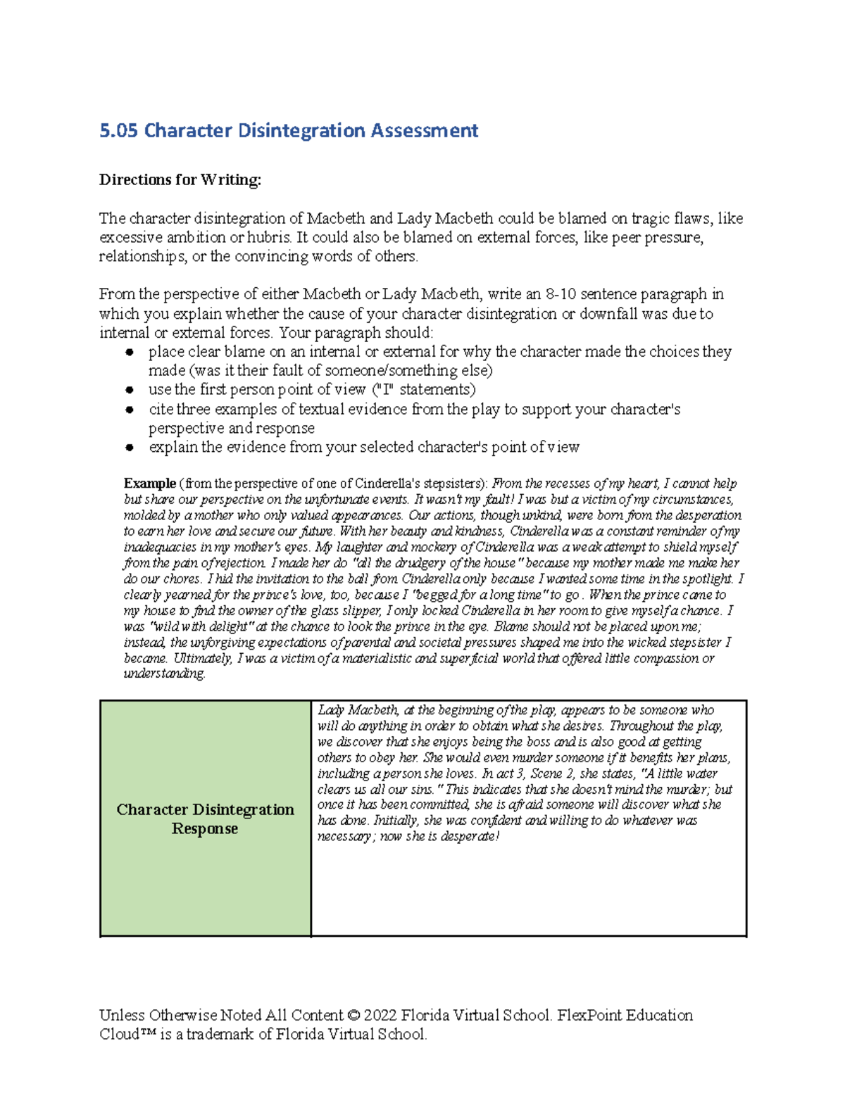 Copy of 5.05 Character Disintegration Assessment & Rubric - 5 Character ...