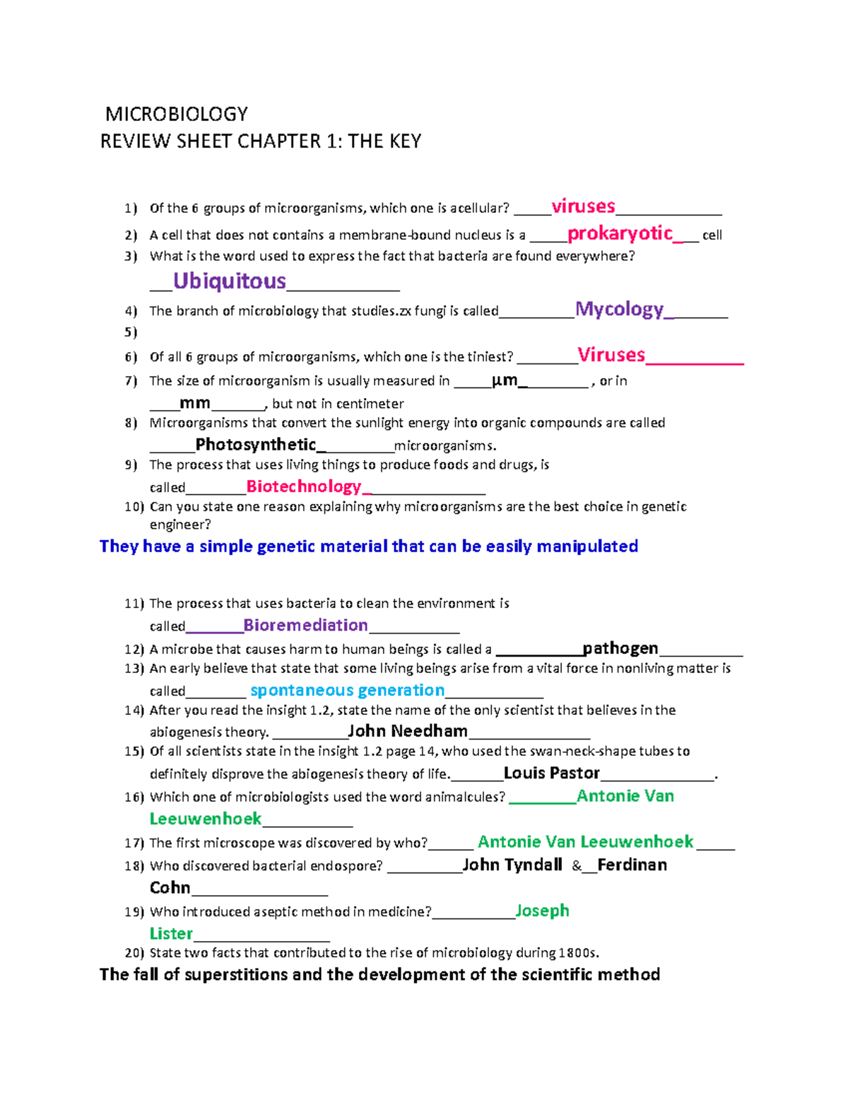 Review sheet I the key - Answer key for Chapter 1 Microbiology ...