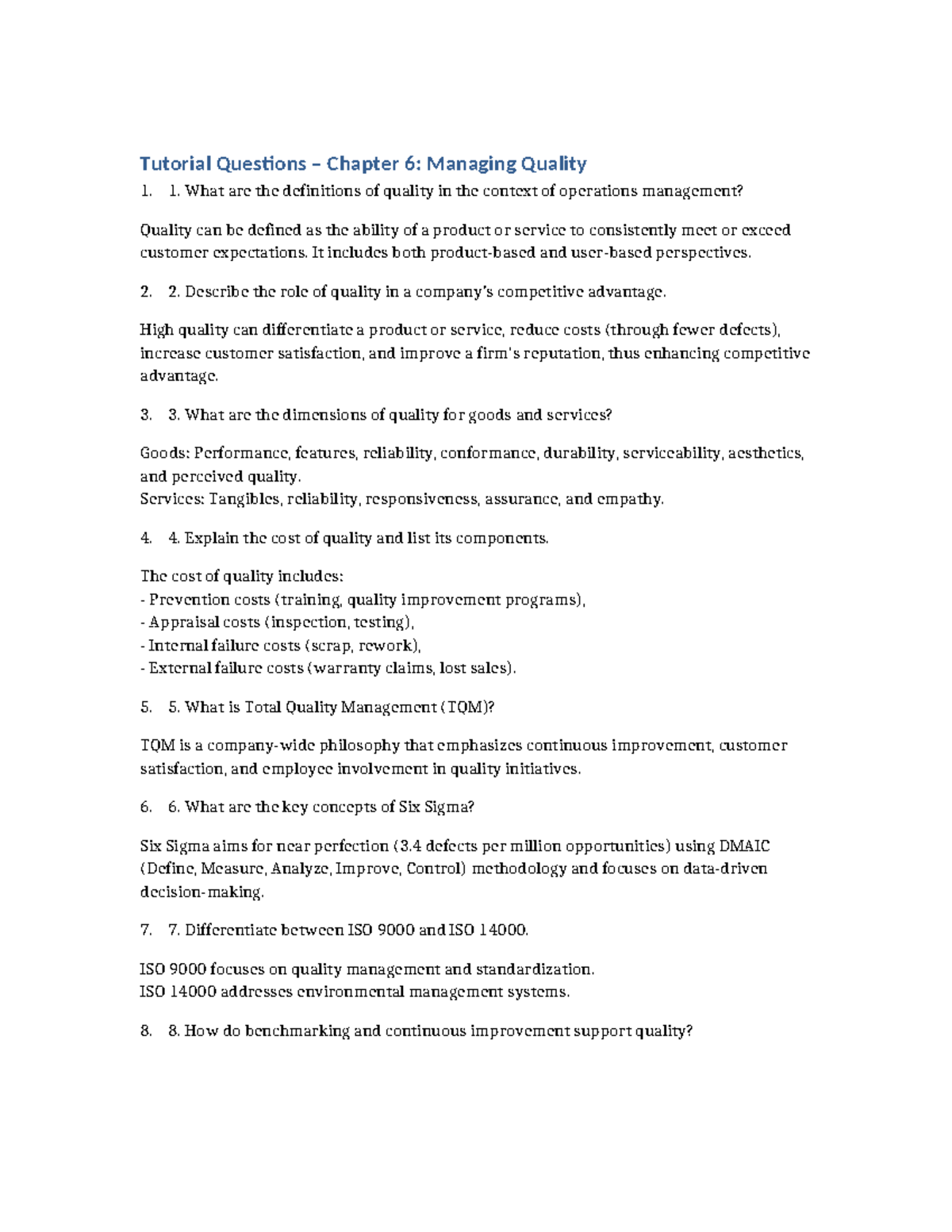 Tutorial Questions CH6: Managing Quality in Operations Management - Studocu