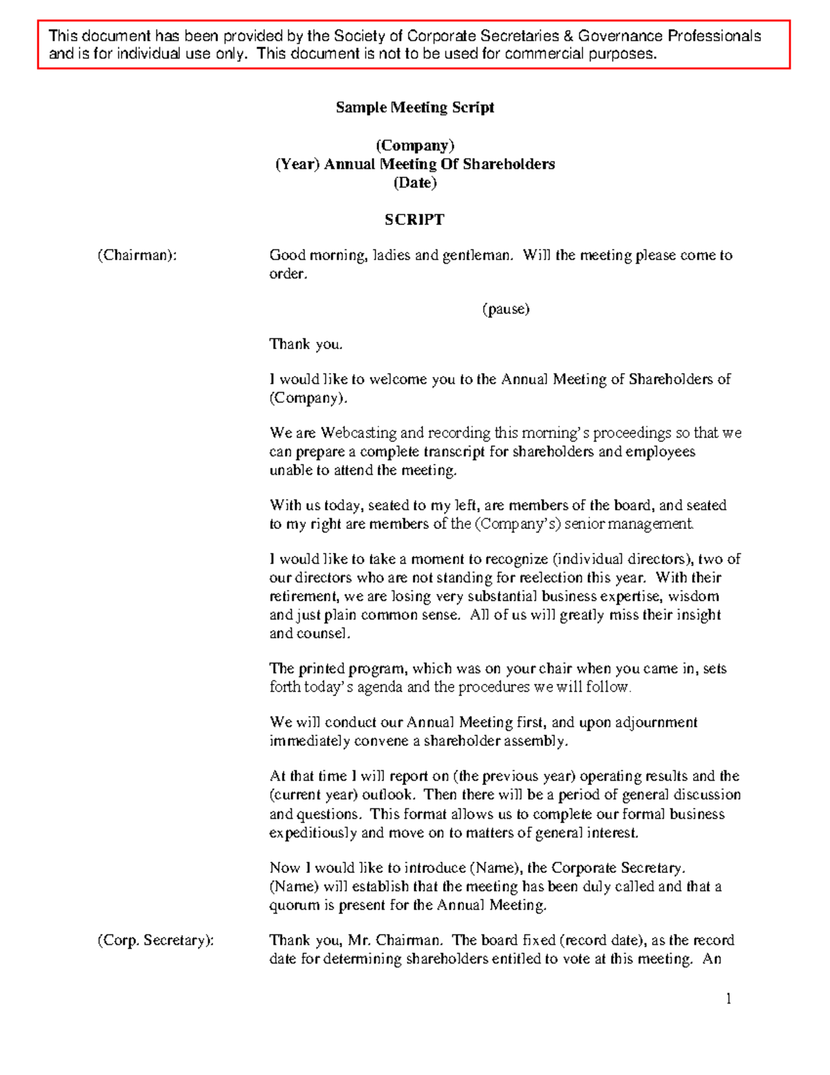 Annual Meeting Sample Script for Shareholders (20__) - Studocu