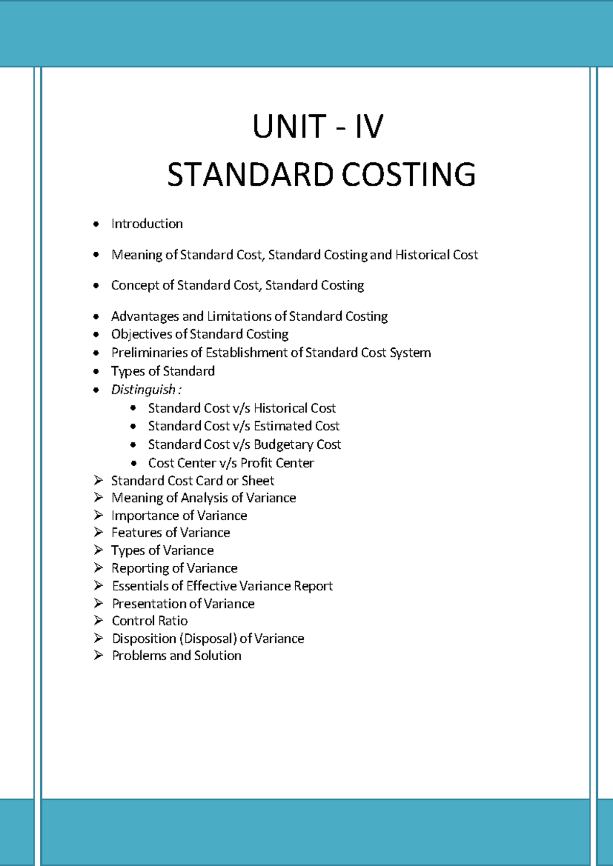 Cost & Mngt Accounting: Unit IV - Standard Costing Overview - Studocu