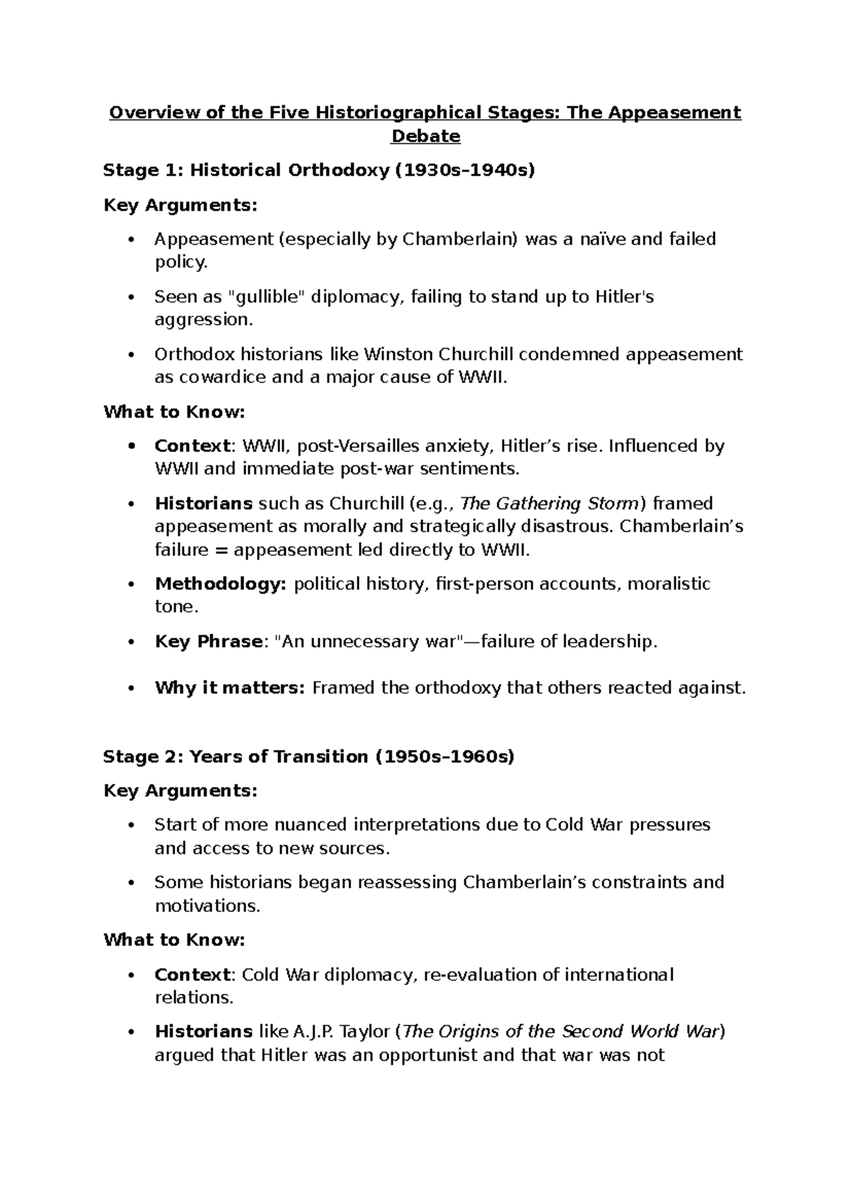 Appeasement Overview: 5 Historiographical Stages in WWII Analysis - Studocu