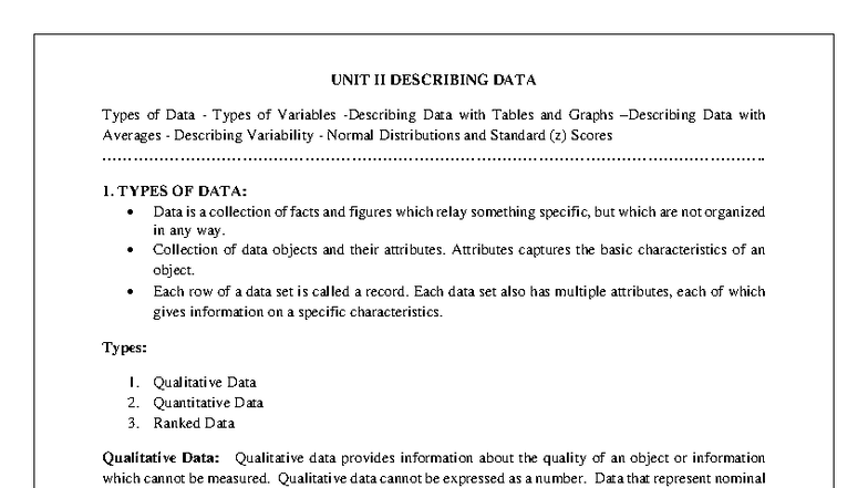 UNIT 2 - Foundations of Data Science CS3352: Data Description and ...