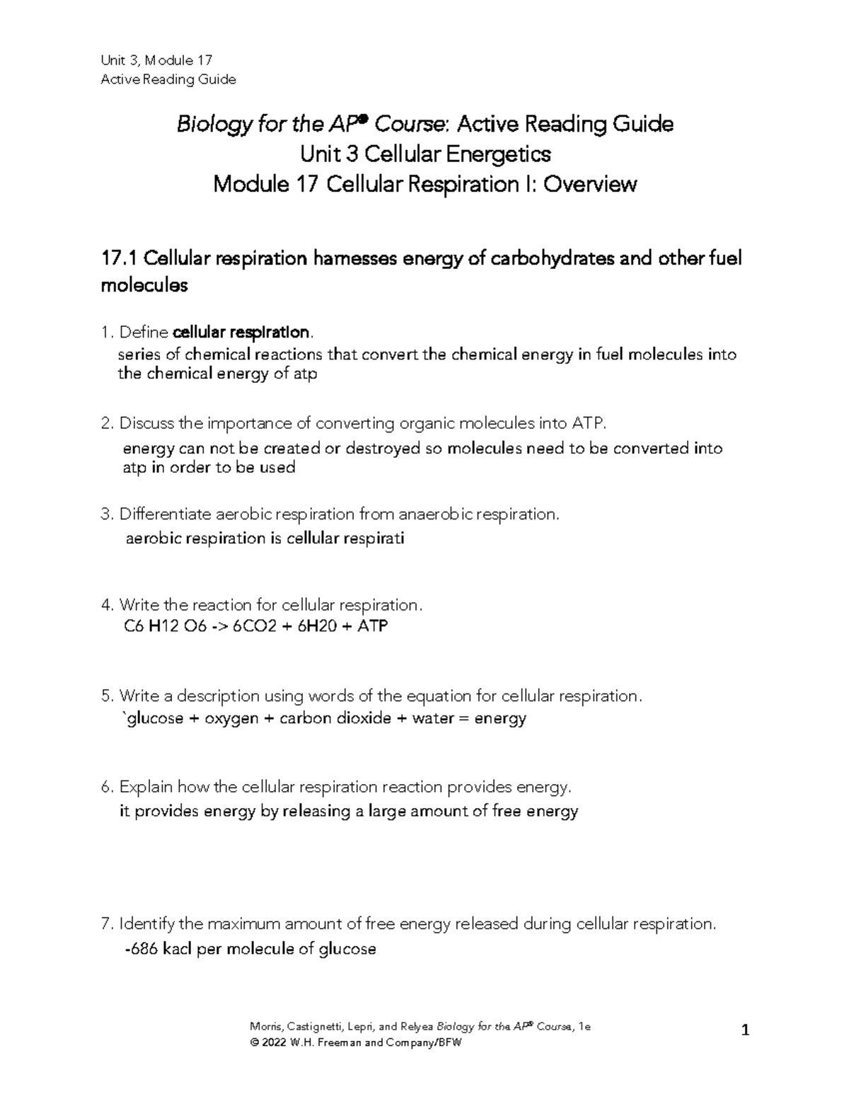 Module 17 RG - Cellular Respiration I: Active Reading Guide Answers ...