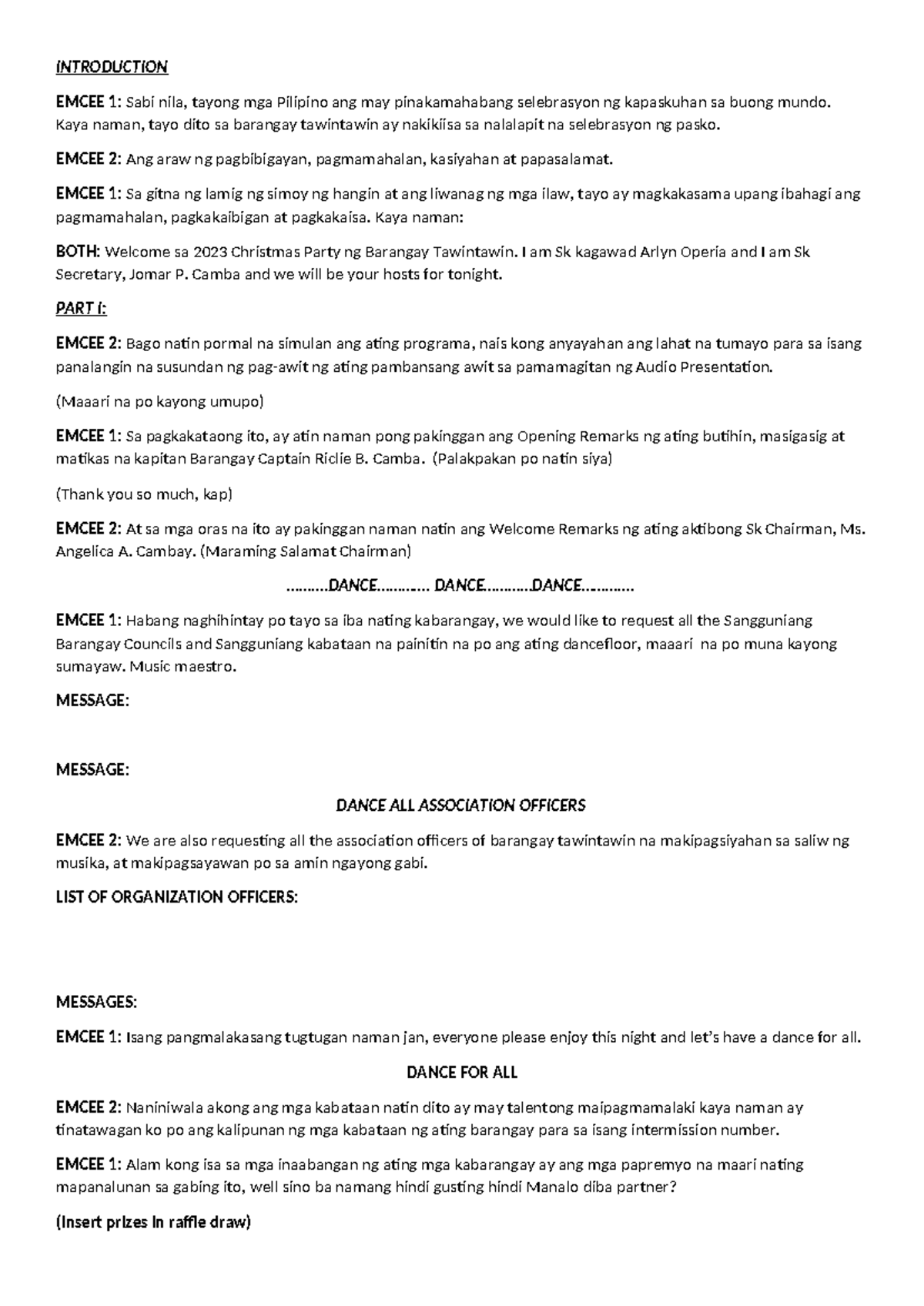 Barangay Tawintawin Christmas Party Script 2023 - Studocu