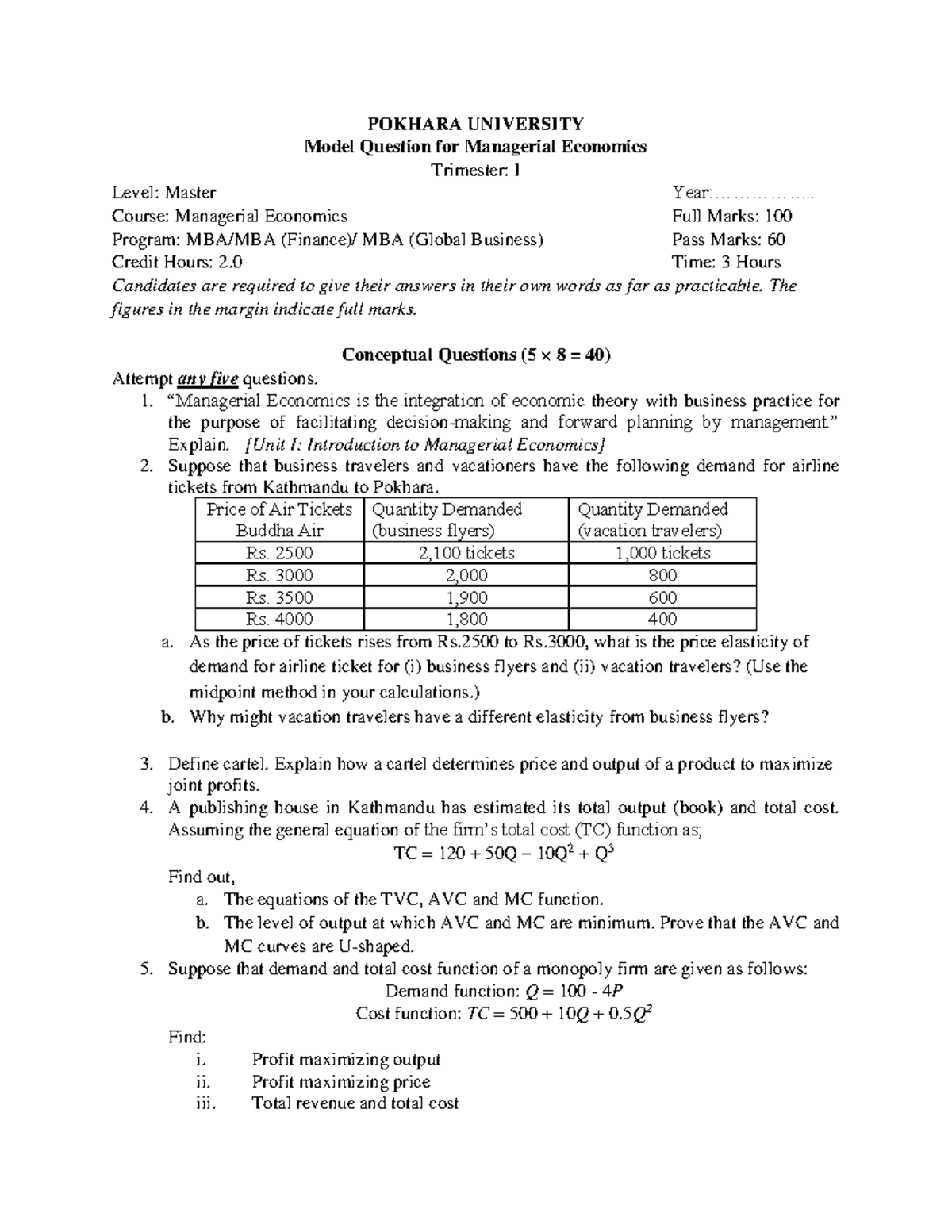 Model Questions for Managerial Economics (MBA 2024) - Trimester I - Studocu