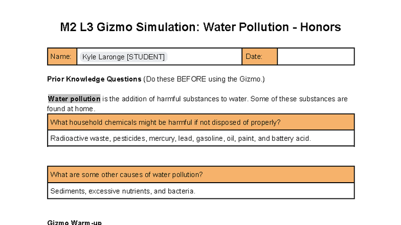 M2 L3 Gizmo Simulation: Understanding Water Pollution Honors - Studocu