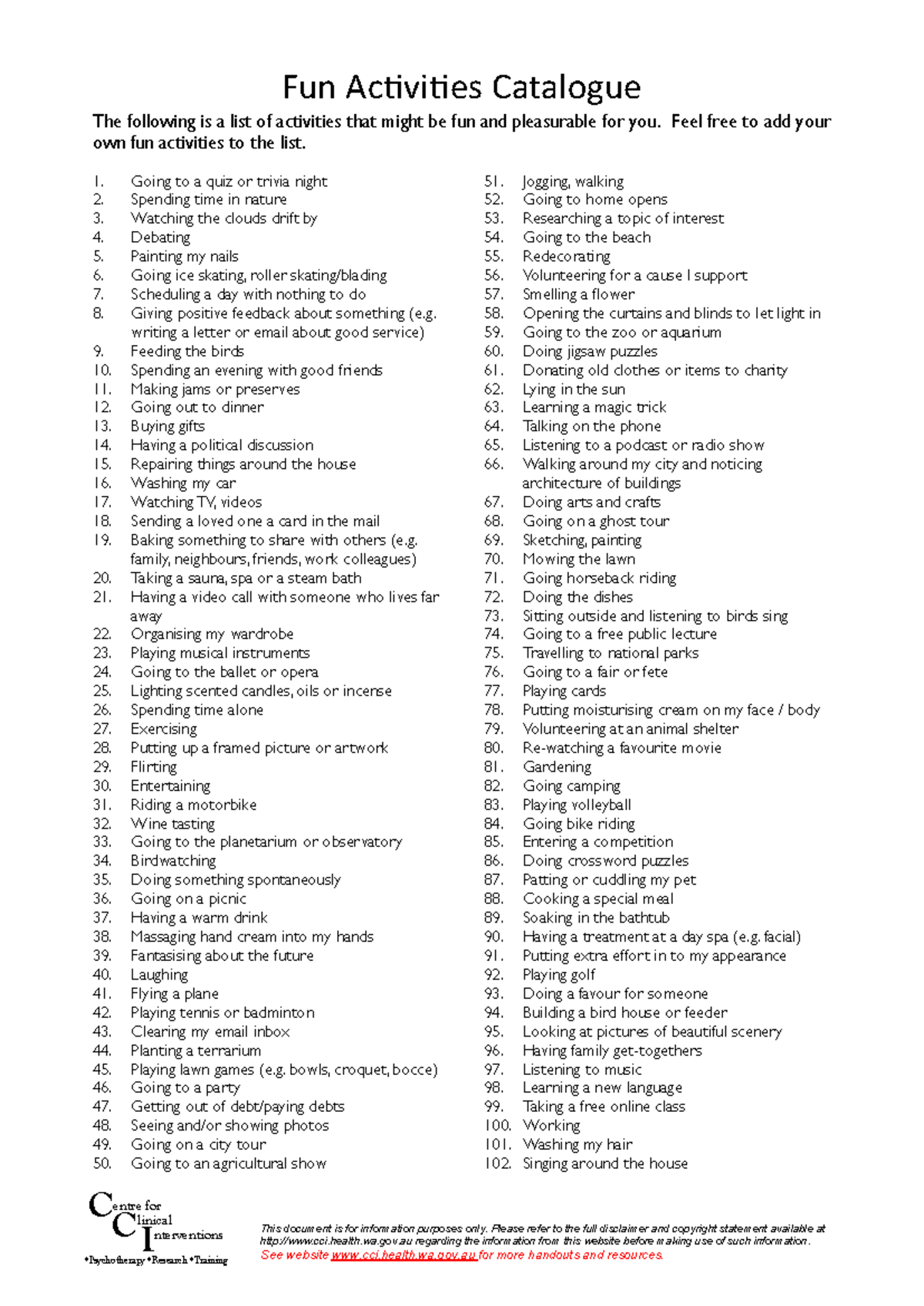 Fun Activities for Depression: CCI Catalogue of Enjoyable Ideas - Studocu