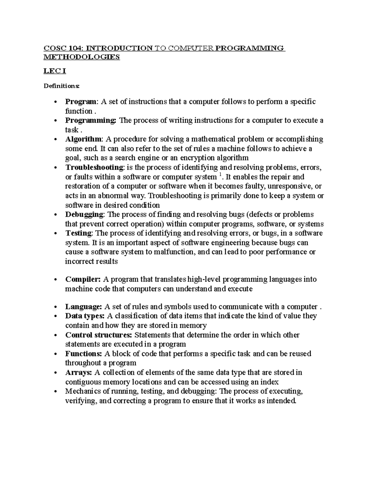 COSC 104 LEC Notes: Introduction to Computer Programming Concepts - Studocu