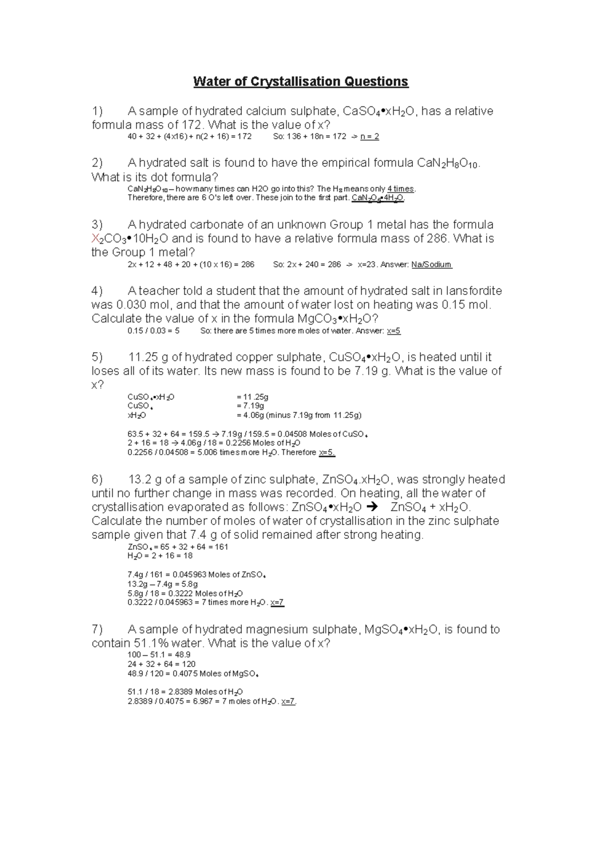 Water of Crystallisation Questions and Calculations (Chem 101) - Studocu