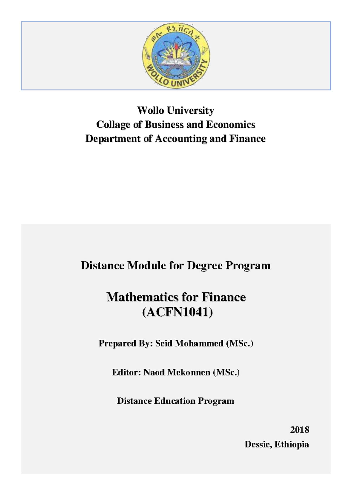 Mathematics for Finance (ACFN1041) Lecture Notes and Applications - Studocu