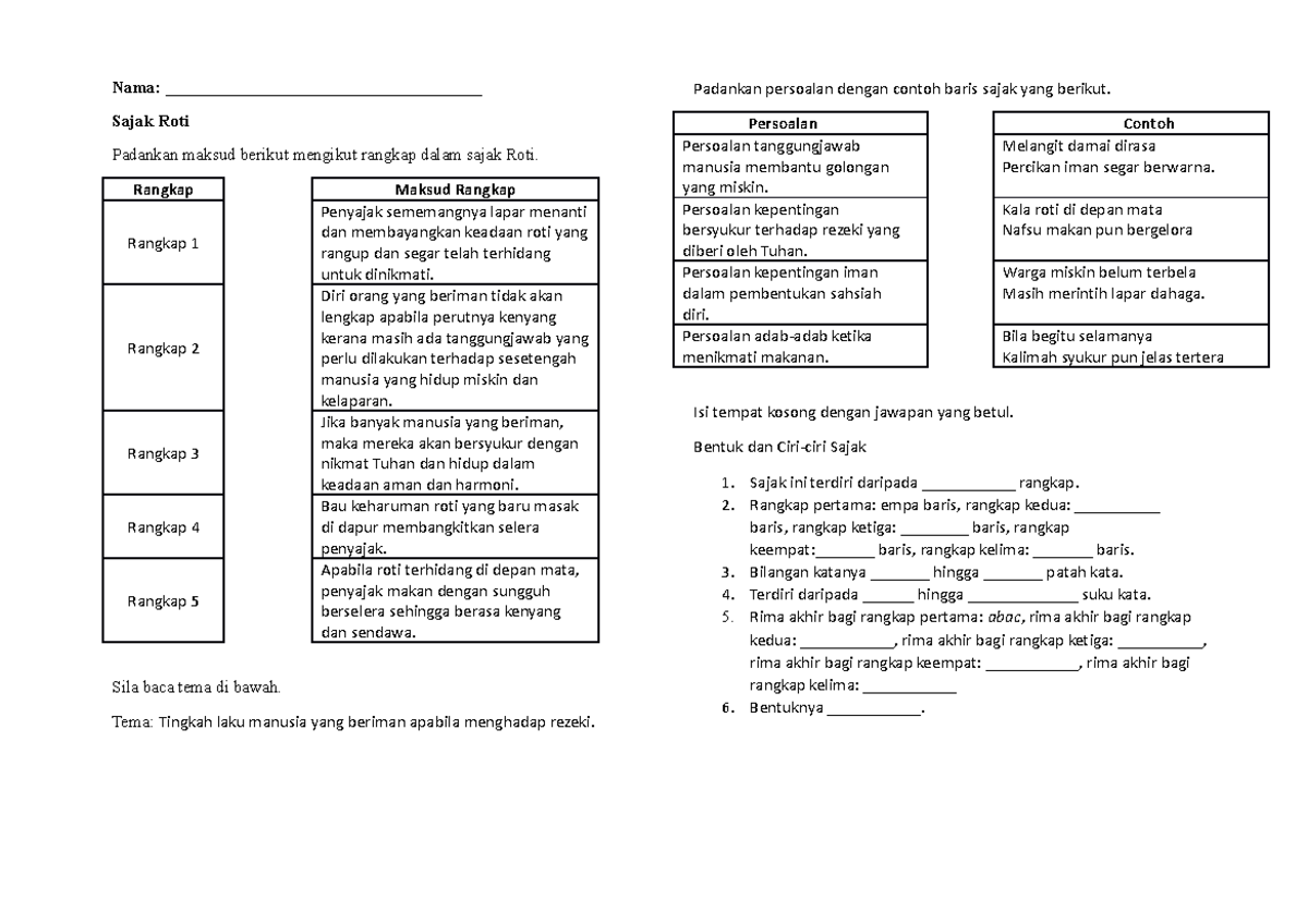 Sajak Roti: Analisis & Pemahaman (Tingkatan 2) - Studocu