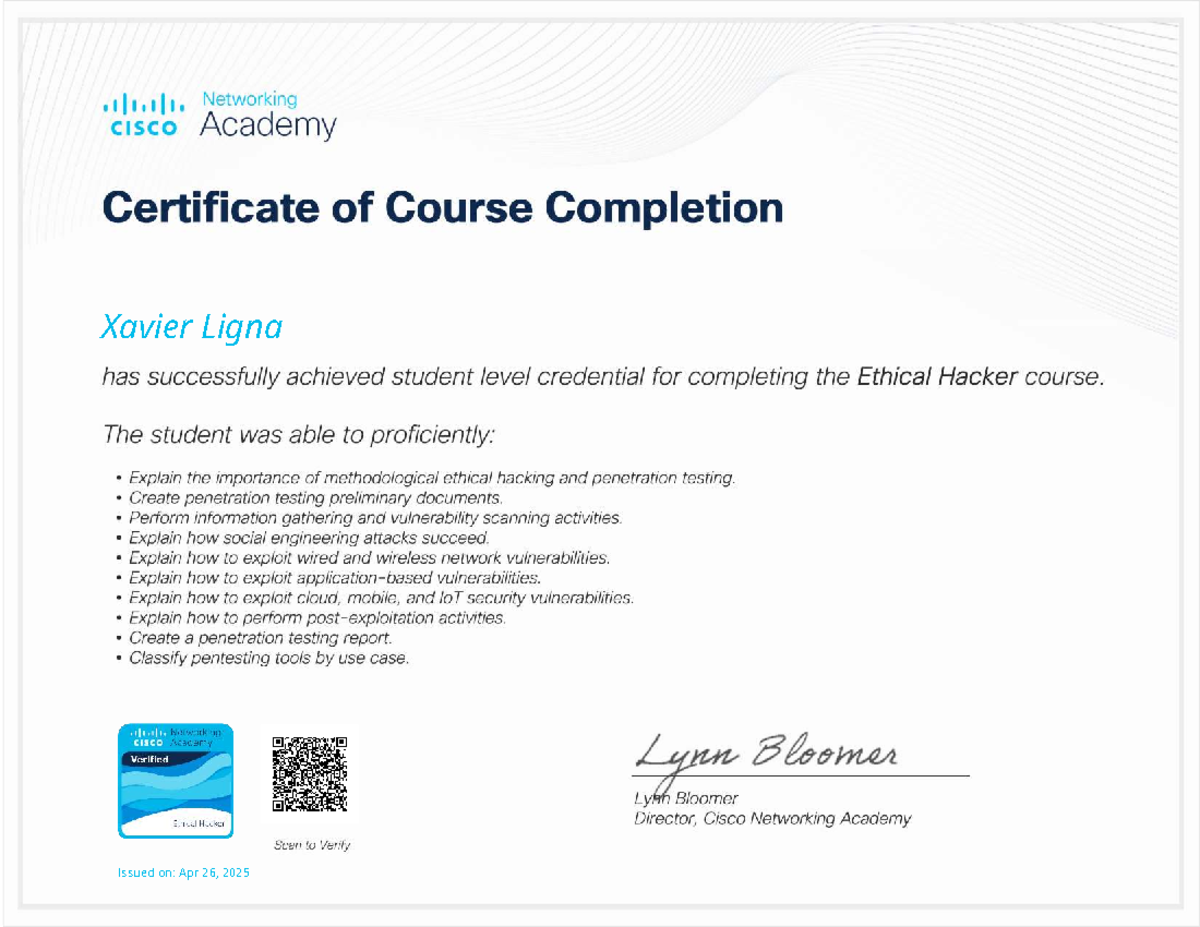 CISCO Academy Ethical Hacker Course Completion Certificate Notes - Studocu