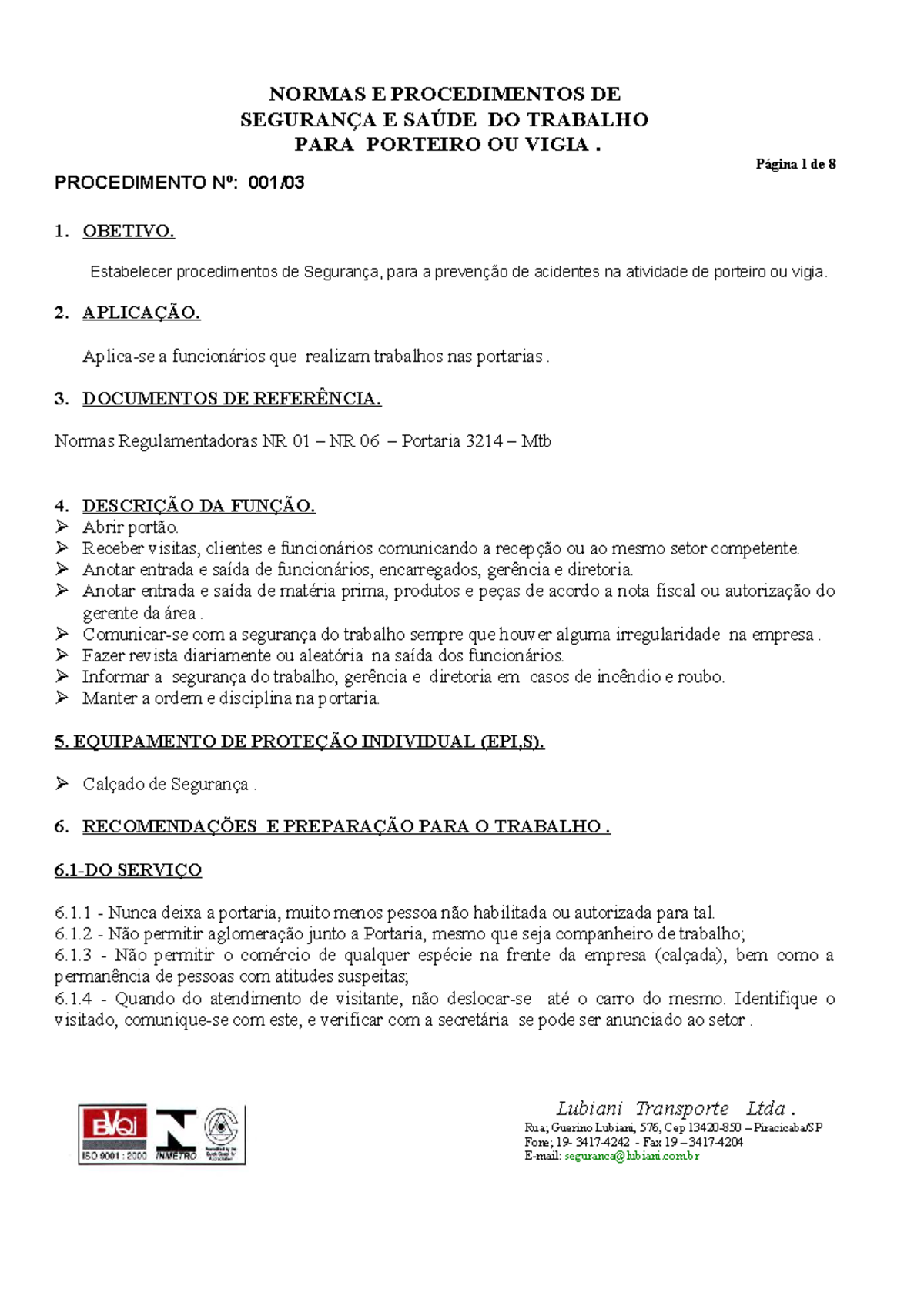 Normas e Procedimentos de Segurança e Saúde do Trabalho para Porteiro ...