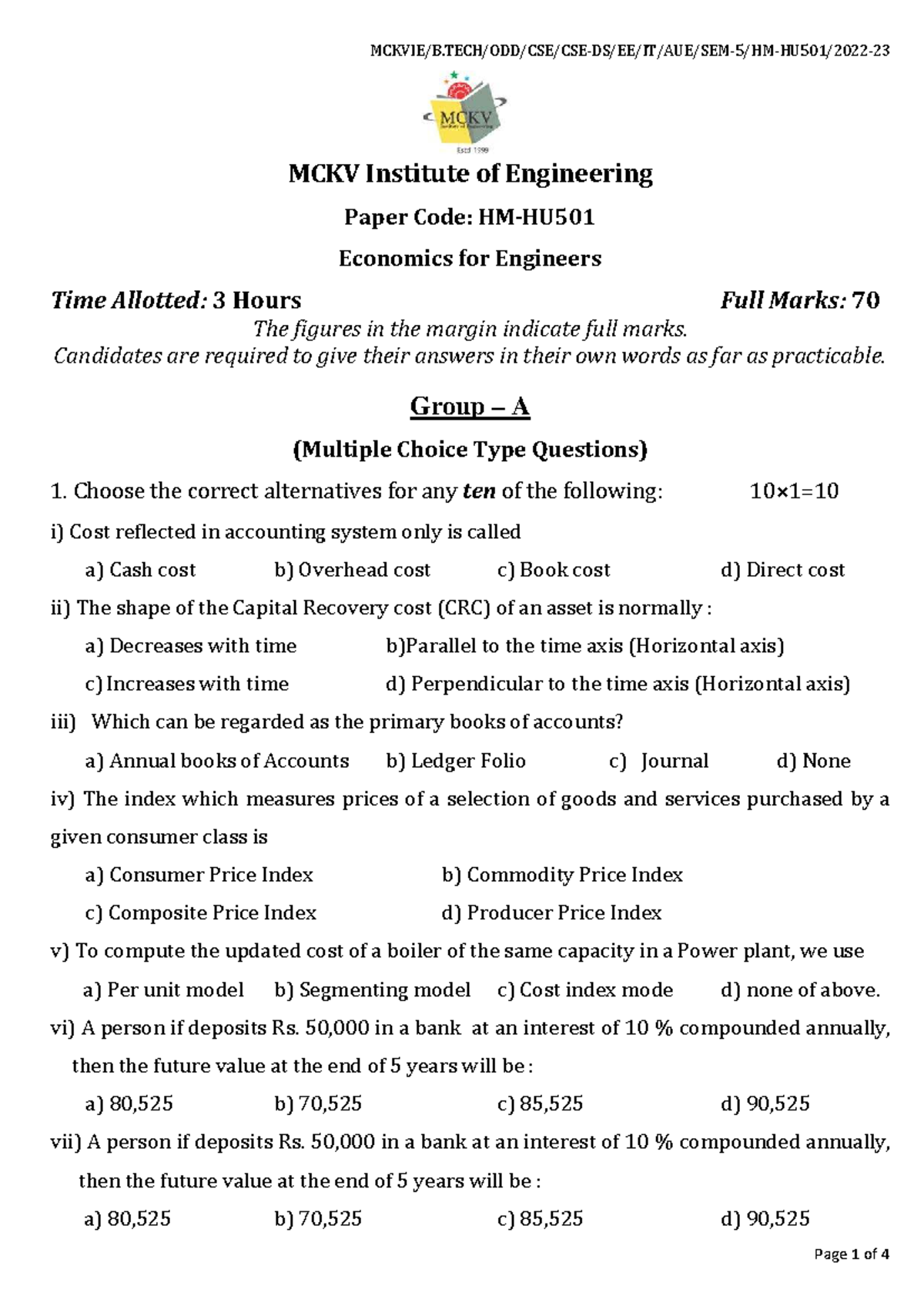 Economics for Engineers Exam Paper - MCKV Institute of Engineering ...