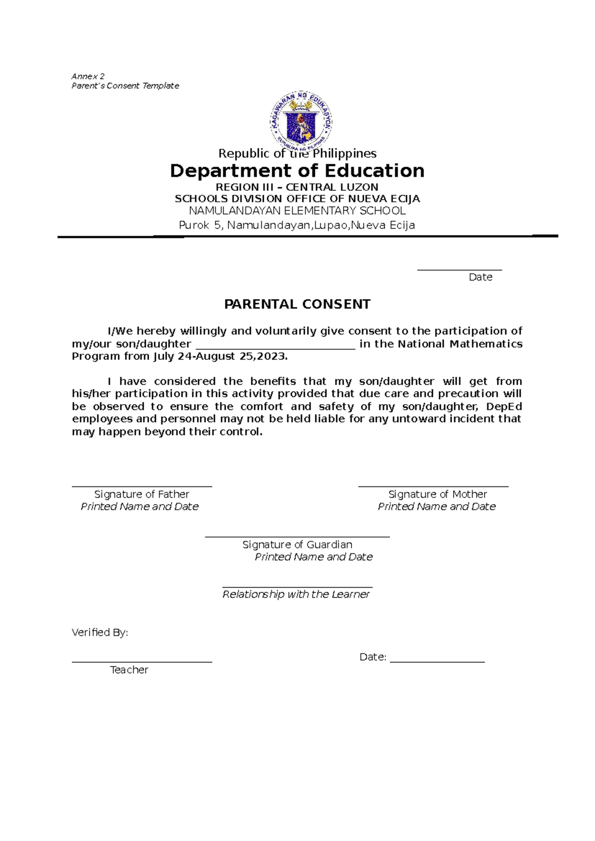 Learning Camp Consent Form - DepEd Region Central Luzon - Studocu