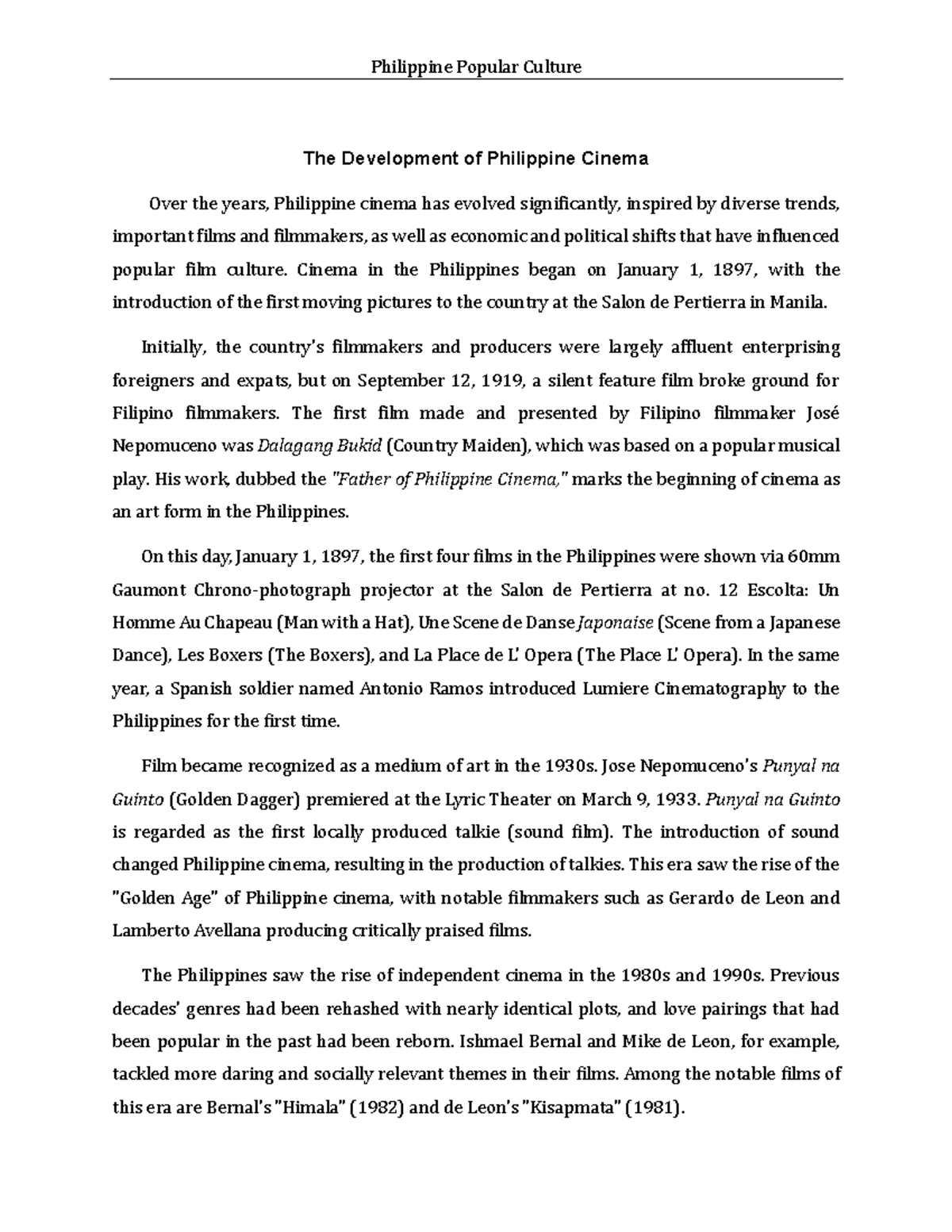 Philippine Cinema: Evolution and Key Milestones in Film History - Studocu