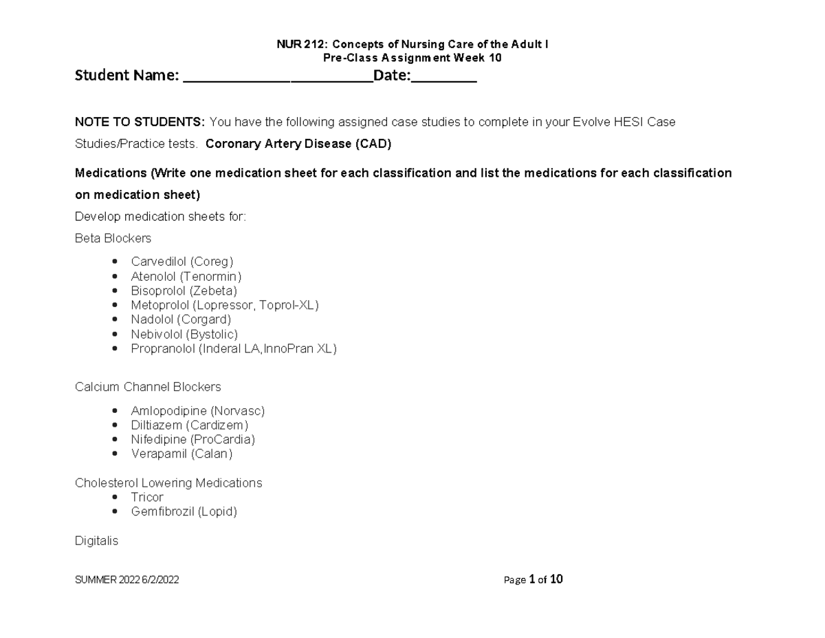 NUR 212 Week 10 Pre-Class Assignment: Medications for CAD - Studocu