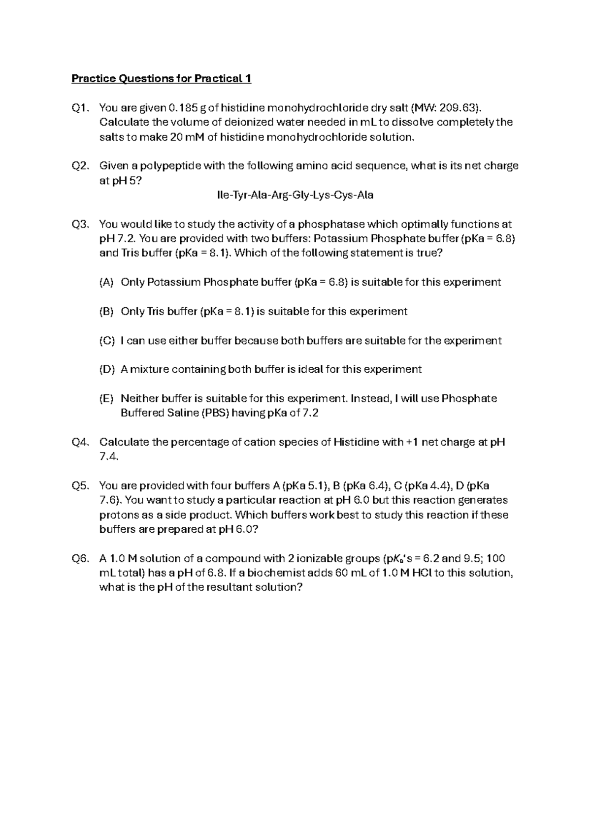 Practice Questions for Practical 1: Biochemistry Analysis - Studocu