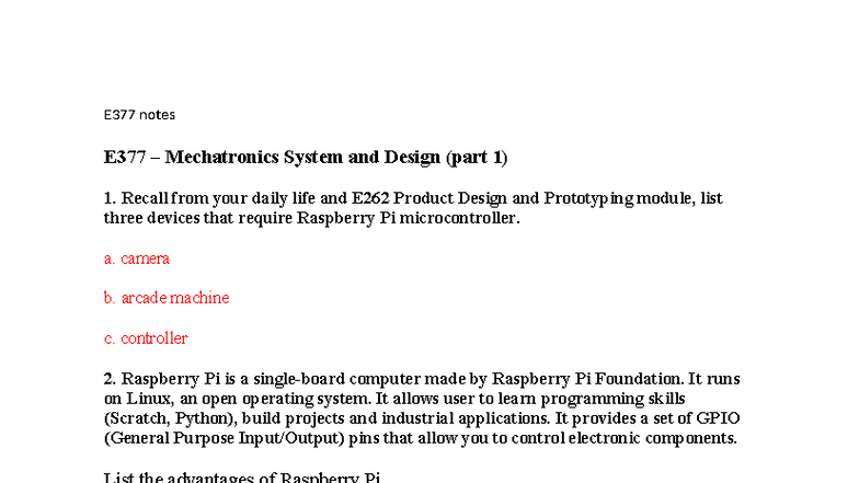 E377 Mechatronics System & Design: Raspberry Pi Overview & Applications ...