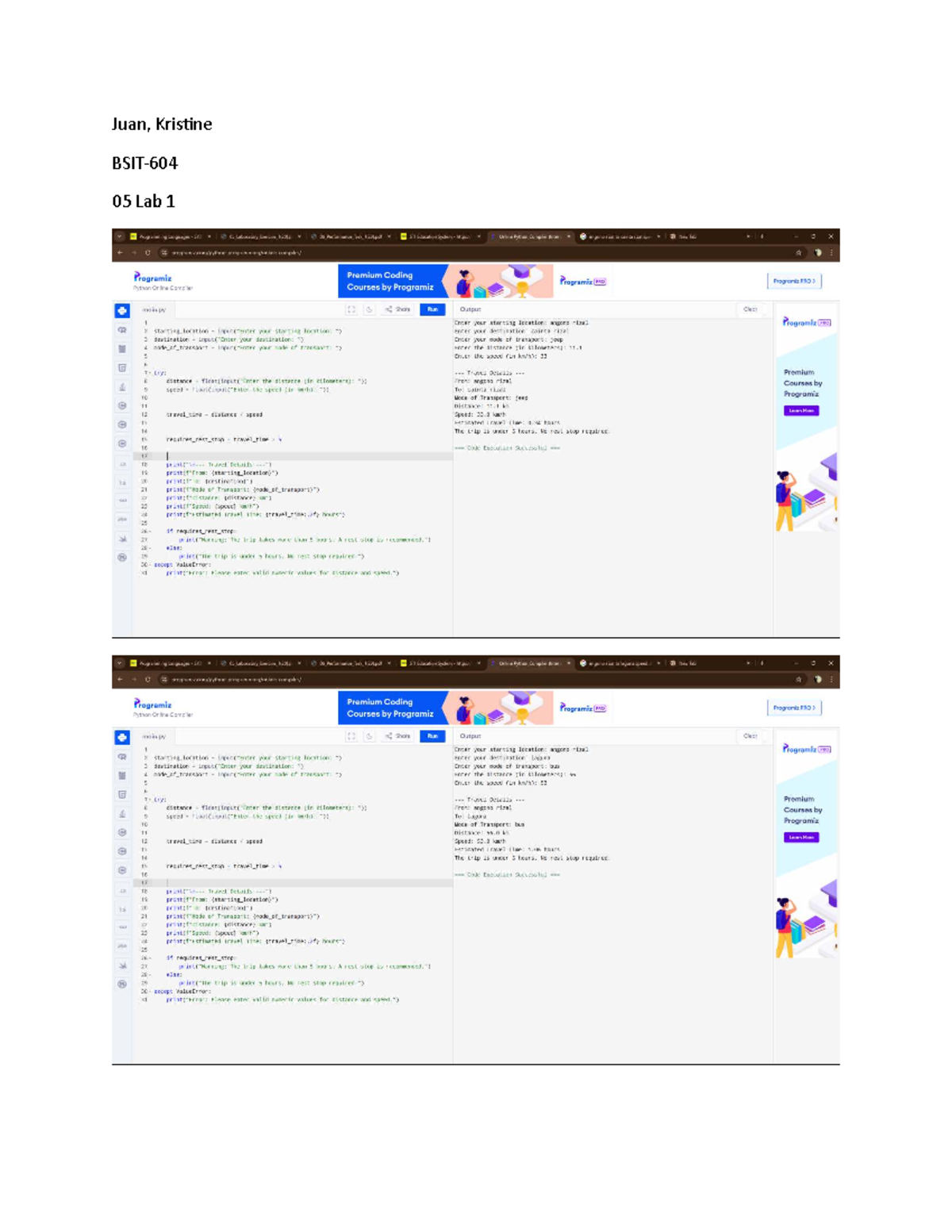 05 LAB01: Python Travel Time Calculator Lab Exercise - Studocu
