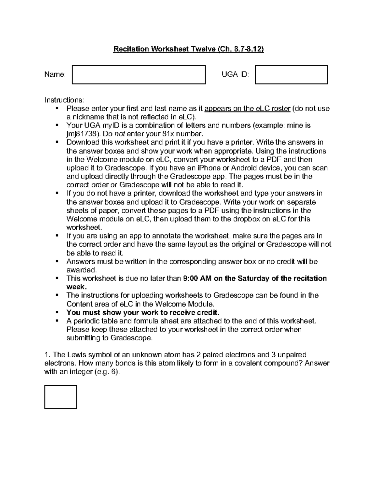 Recitation Worksheet 12: Lewis Structures & Bonding Concepts - Studocu