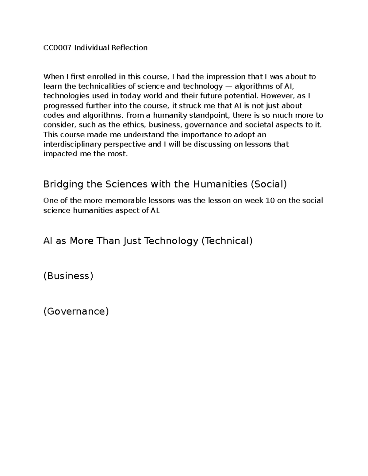 CC0007 Individual Reflection: Lessons on AI Beyond Technology - Studocu