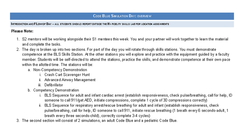 Code Blue Simulation Day: Overview & Skills Lab Guide - Studocu