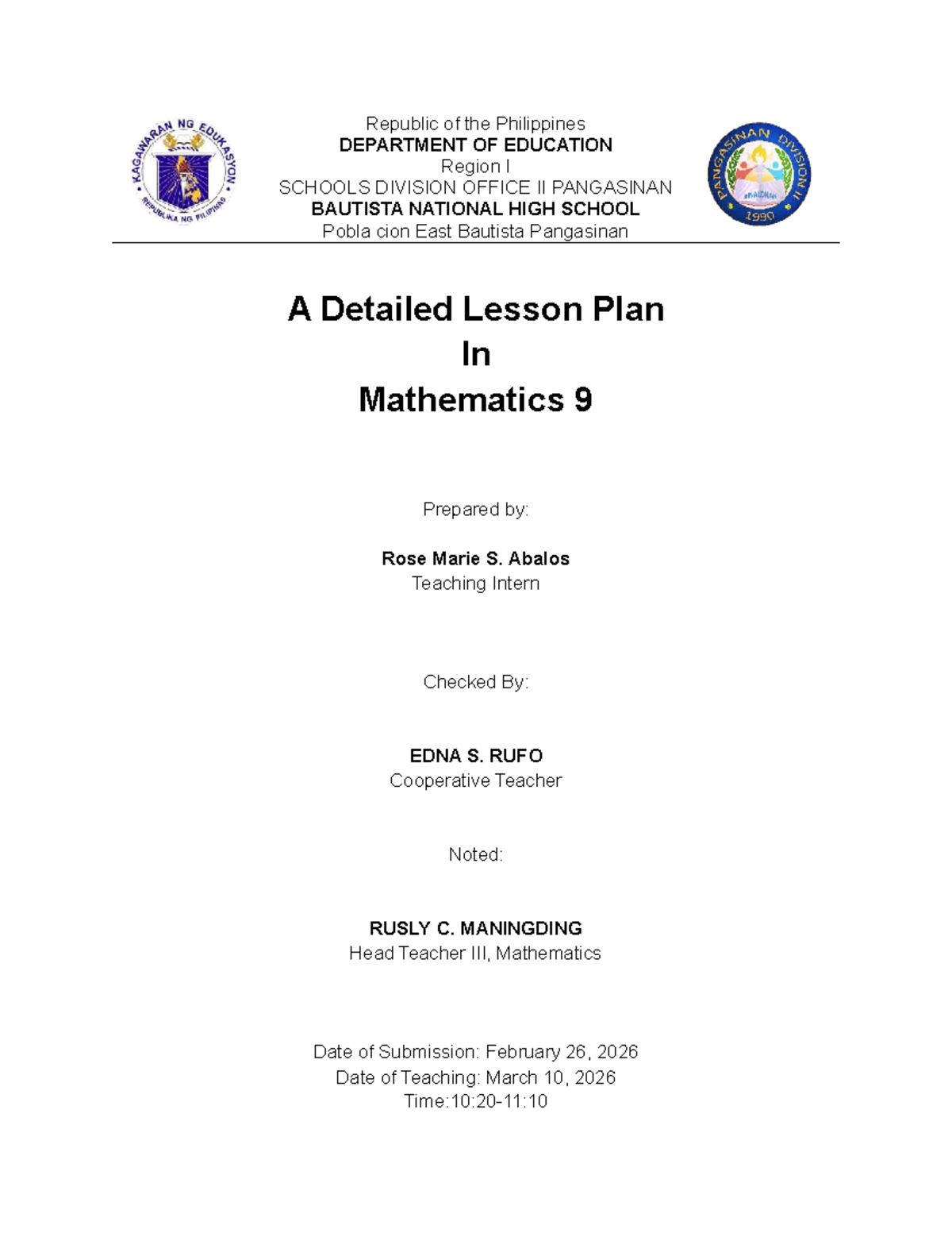 DLP in Mathematics 9: Law of Sine (ASA) Lesson Plan - Studocu