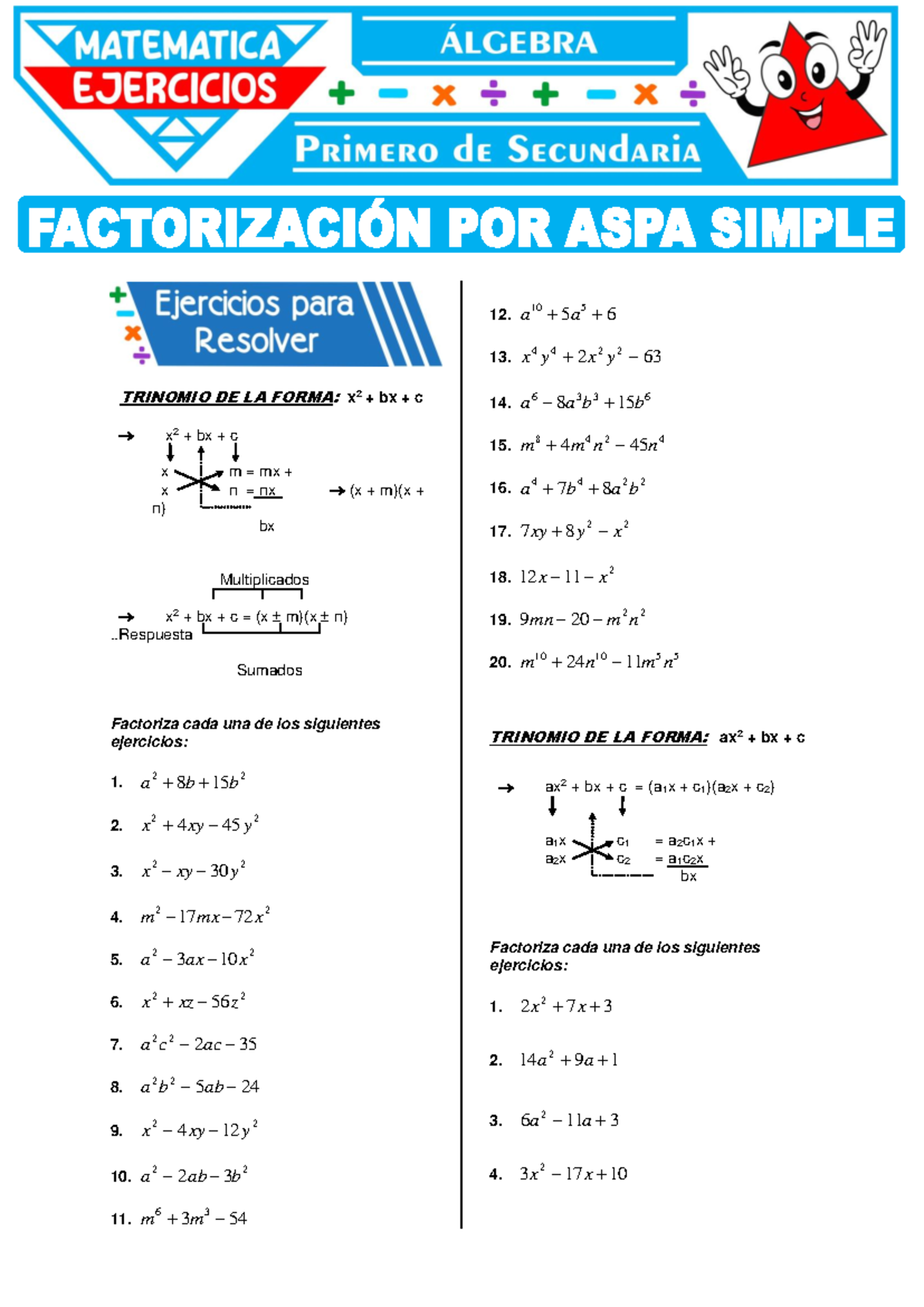 Factorización por Aspa Simple: Ejercicios de Matemáticas 2do Grado ...