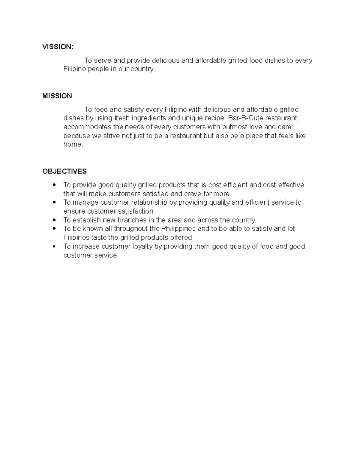 VMO - Vision, Mission & Objectives for Bar-B-Cute Restaurant Business ...