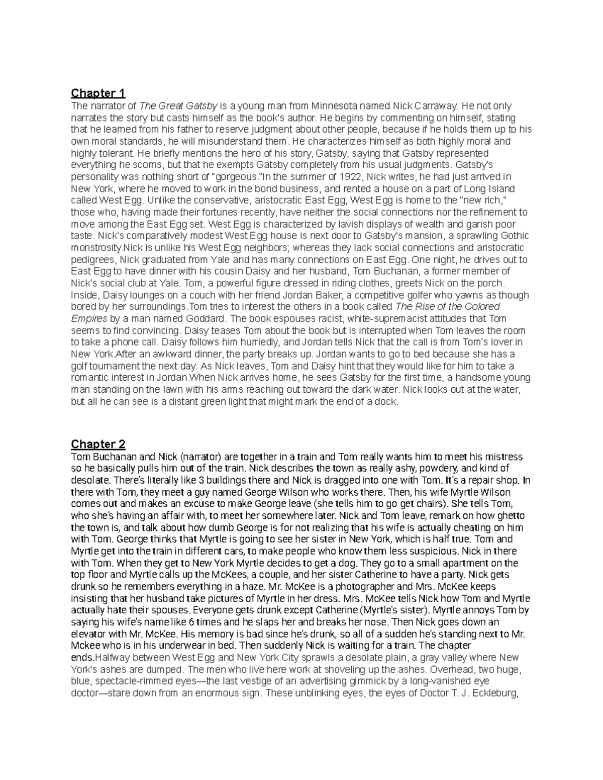 Chapter Summaries of The Great Gatsby (TGG) - Studocu