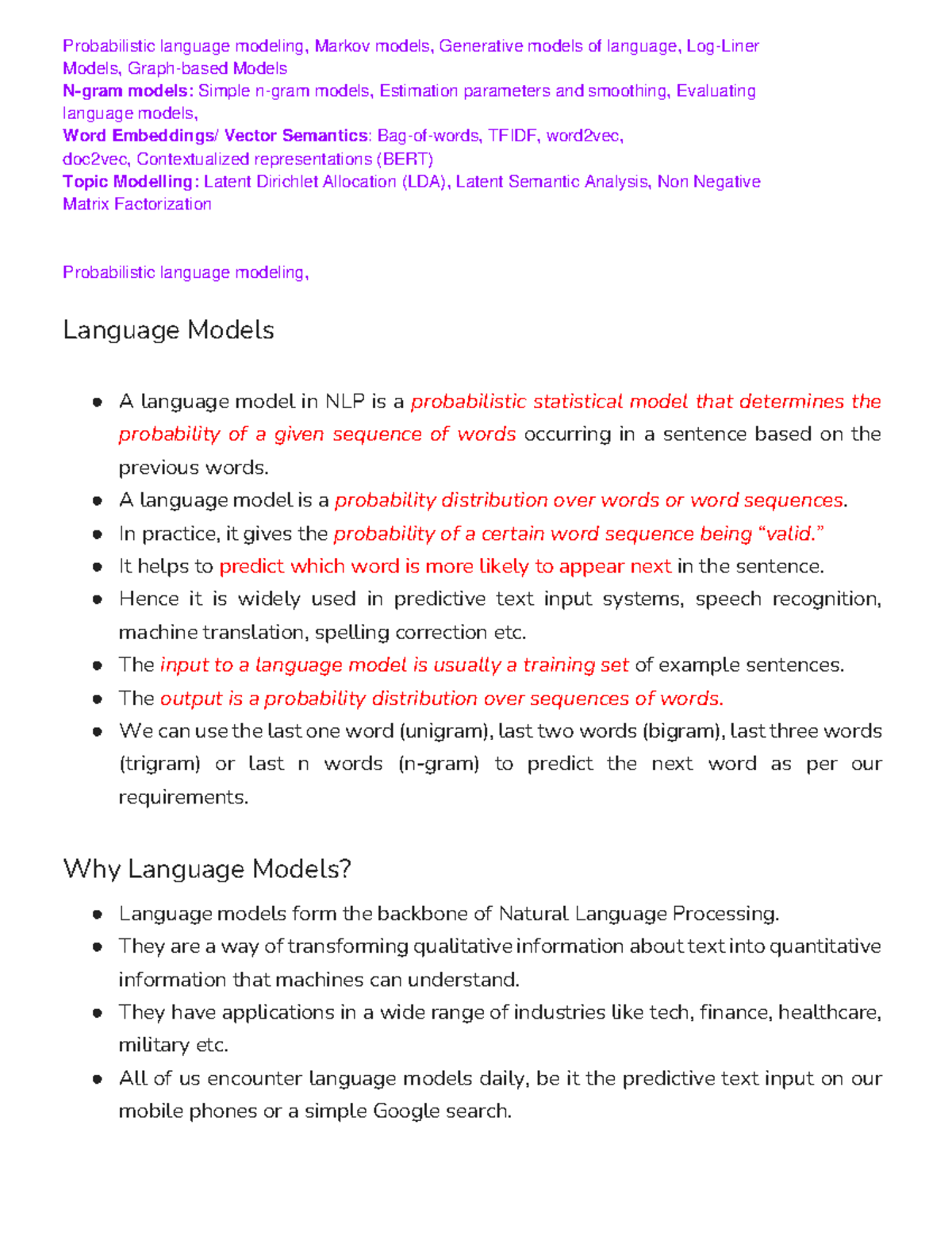NLP Unit 3: Language Models, Markov Chains, and Word Embeddings Notes ...