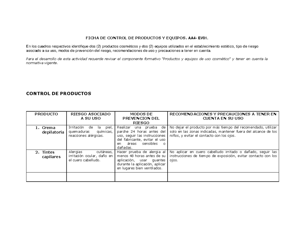Ficha de control de productos y equipos. AA4- EV01 - FICHA DE CONTROL ...