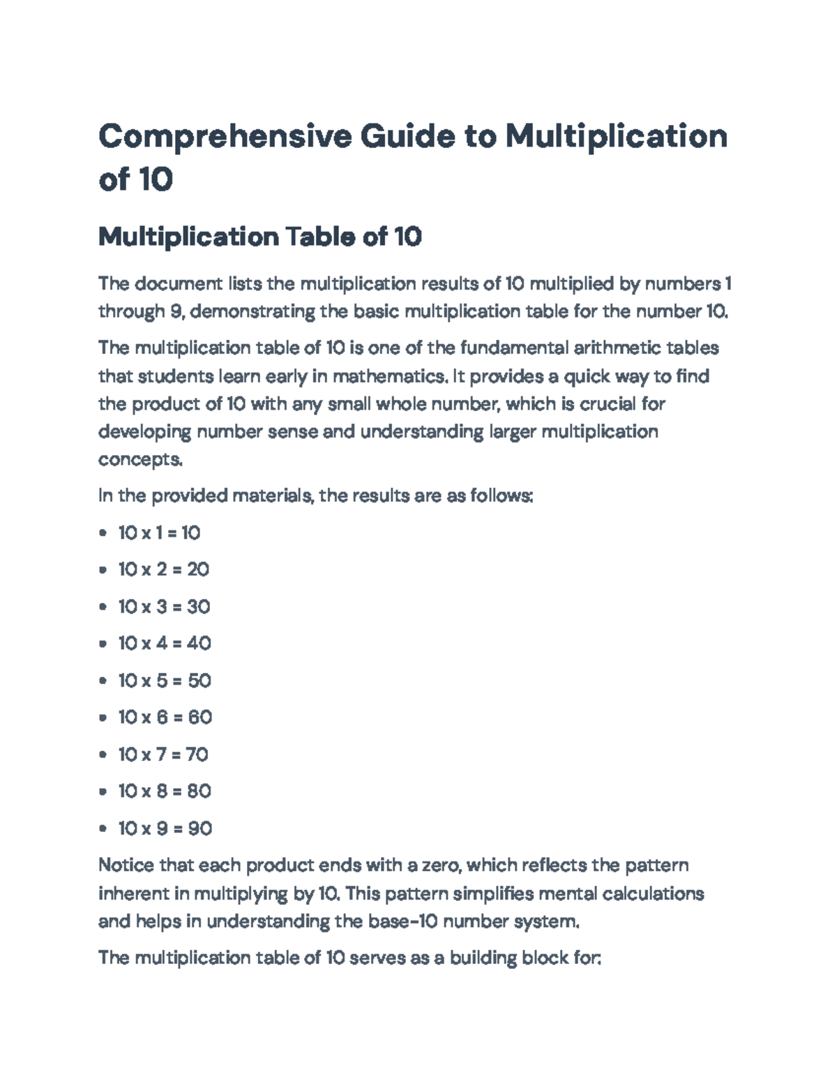 Comprehensive Guide to the Multiplication Table of 10: Key Concepts ...